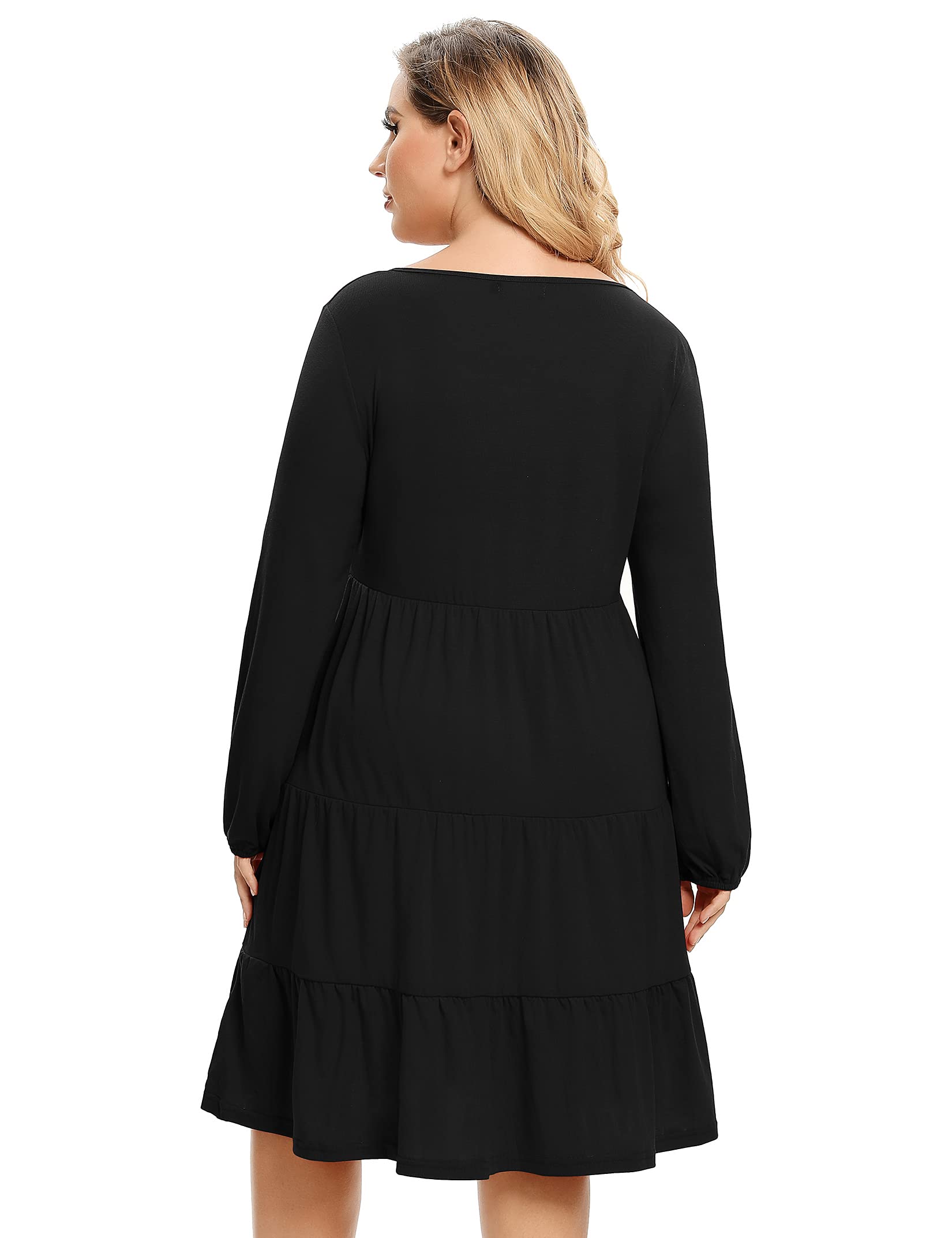 ShopWonder Women's Plus Size Casual Tunic Mini Dress Lantern Sleeve Ruffle Hem V Neck Loose Swing Fall Dresses Plus Size(Black,2XL)