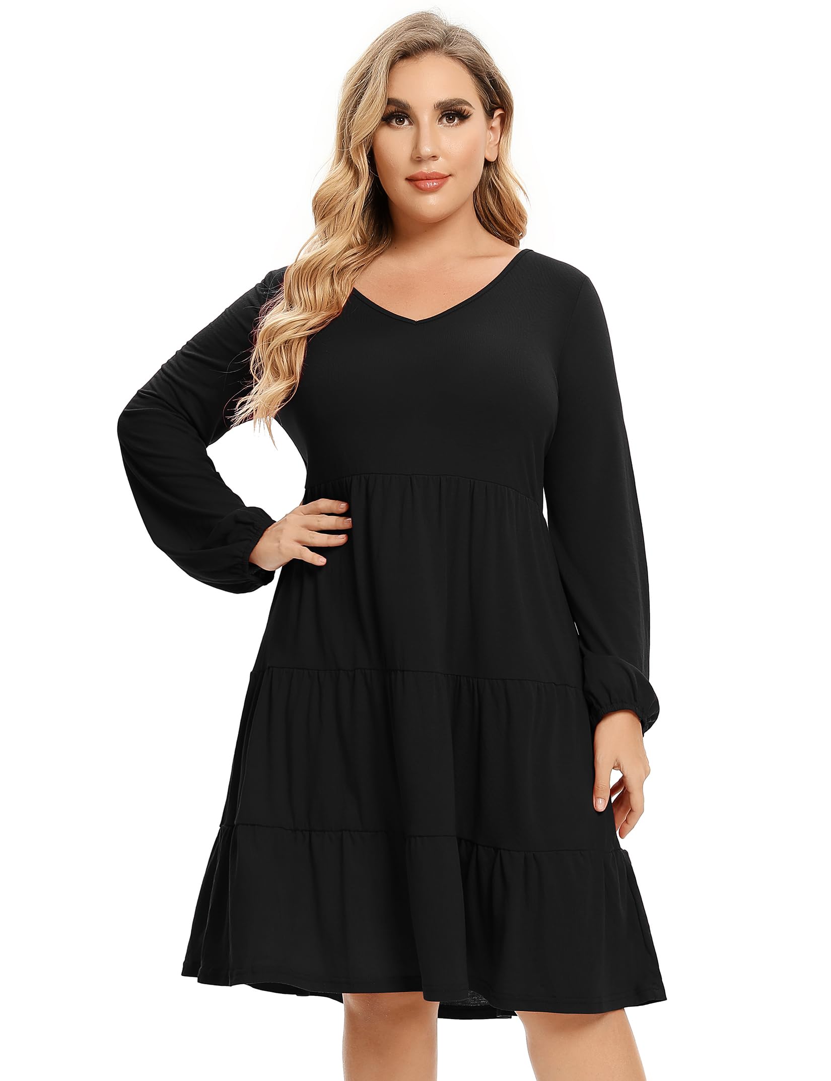 ShopWonder Women's Plus Size Casual Tunic Mini Dress Lantern Sleeve Ruffle Hem V Neck Loose Swing Fall Dresses Plus Size(Black,2XL)