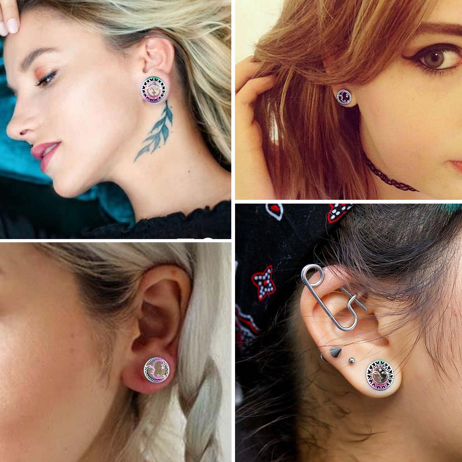 REELMAR 2Pcs Gauges for Ears Women Hollow Sun Moon Asymmetrical Plugs Single Flared Saddle Stretching Tunnels Expanders Stainless Steel Body Piercing Earrings 0G 00G to 1 Inch (10mm (00G), Rainbow)