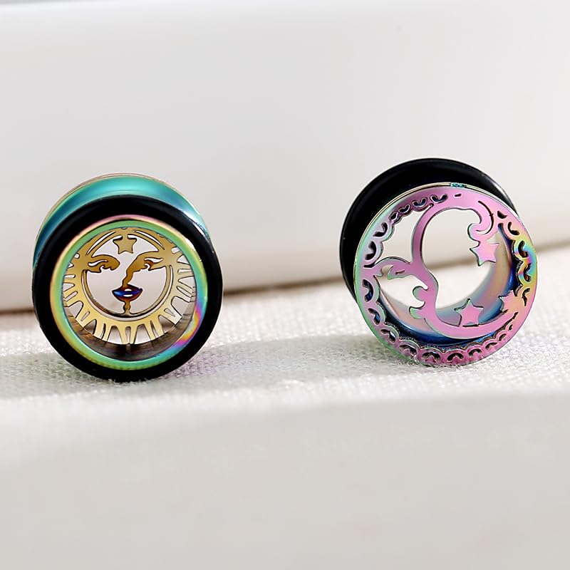 REELMAR 2Pcs Gauges for Ears Women Hollow Sun Moon Asymmetrical Plugs Single Flared Saddle Stretching Tunnels Expanders Stainless Steel Body Piercing Earrings 0G 00G to 1 Inch (10mm (00G), Rainbow)
