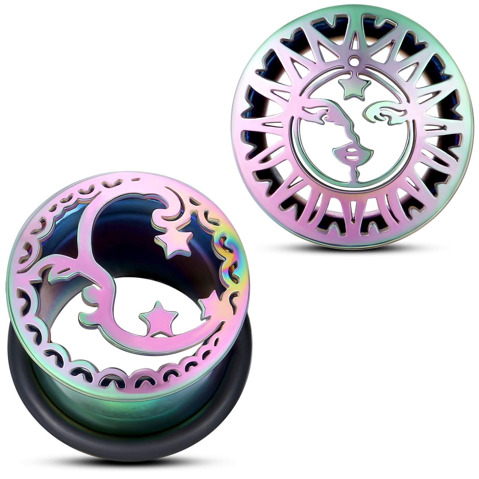 REELMAR 2Pcs Gauges for Ears Women Hollow Sun Moon Asymmetrical Plugs Single Flared Saddle Stretching Tunnels Expanders Stainless Steel Body Piercing Earrings 0G 00G to 1 Inch (10mm (00G), Rainbow)