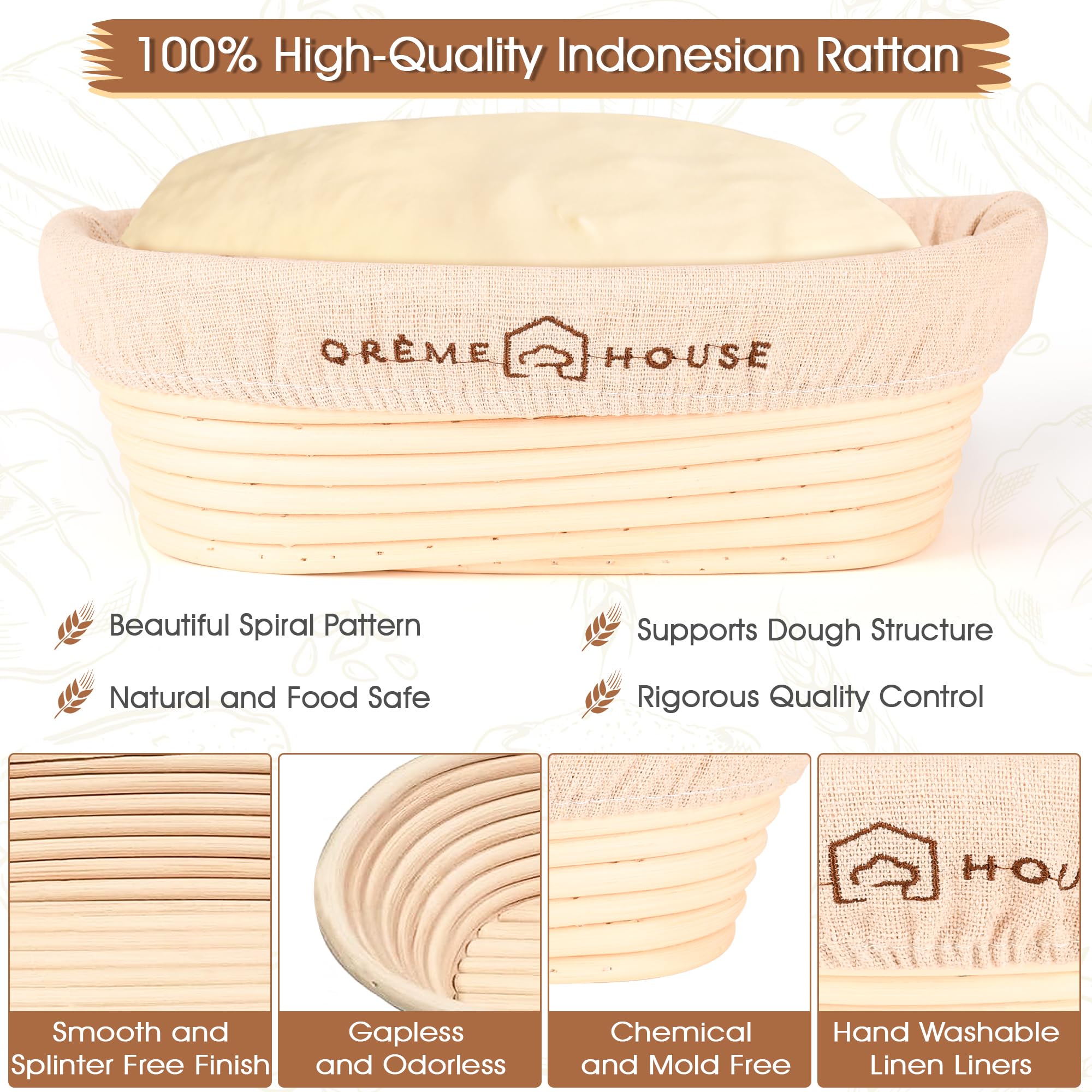 Sourdough Proofing Baskets For Bread Baking Set of 2 - Round 9" & Oval 10" - Qrème House Premium Banneton Bread Proofing Basket Kit For Easy Artisan Bread Making With Bread Lame, Dough Whisk & Scraper