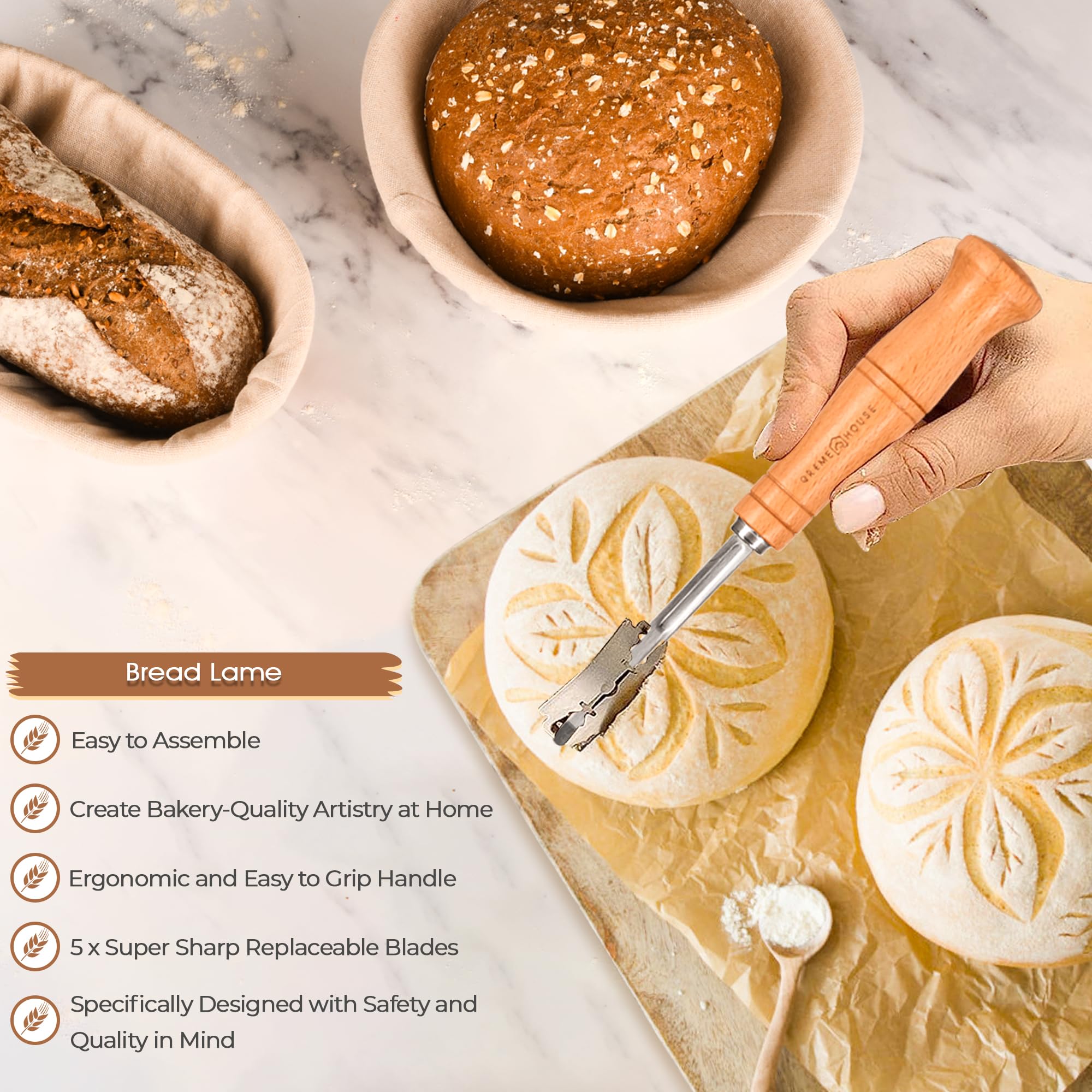 Sourdough Proofing Baskets For Bread Baking Set of 2 - Round 9" & Oval 10" - Qrème House Premium Banneton Bread Proofing Basket Kit For Easy Artisan Bread Making With Bread Lame, Dough Whisk & Scraper