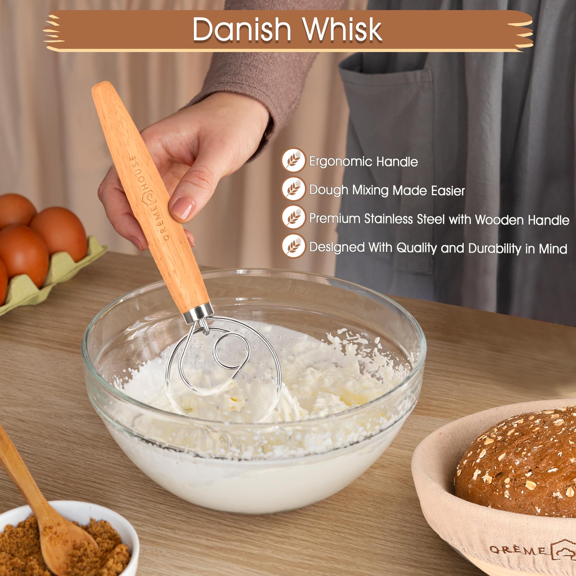 Sourdough Proofing Baskets For Bread Baking Set of 2 - Round 9" & Oval 10" - Qrème House Premium Banneton Bread Proofing Basket Kit For Easy Artisan Bread Making With Bread Lame, Dough Whisk & Scraper