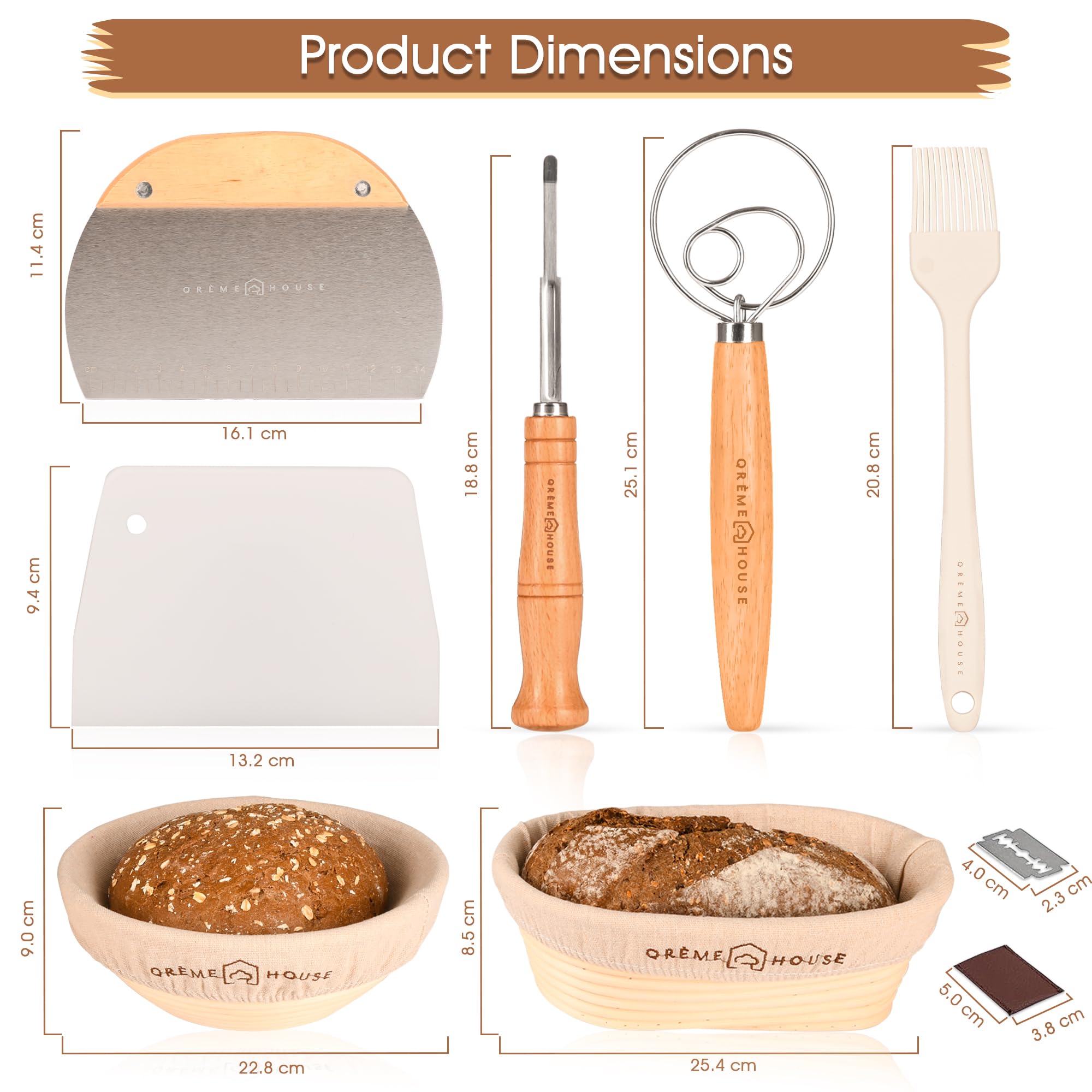 Sourdough Proofing Baskets For Bread Baking Set of 2 - Round 9" & Oval 10" - Qrème House Premium Banneton Bread Proofing Basket Kit For Easy Artisan Bread Making With Bread Lame, Dough Whisk & Scraper