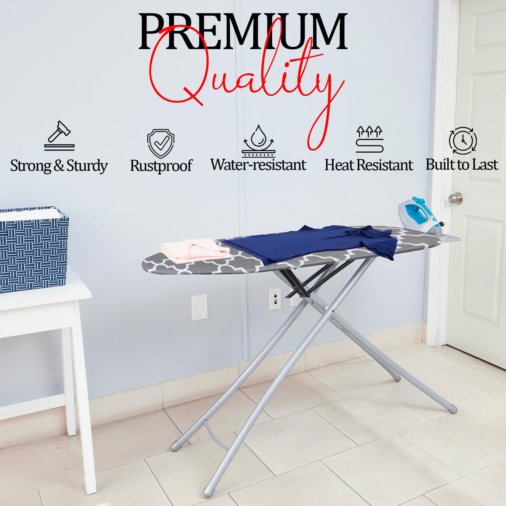 Tidy Zebra Ironing Board Made in USA – Compact Space Saving Standard Ironing Table with Extra Thick Cotton Ironing Boards Cover & Iron Rest – Collapsible Ironing Board for Easy Storage