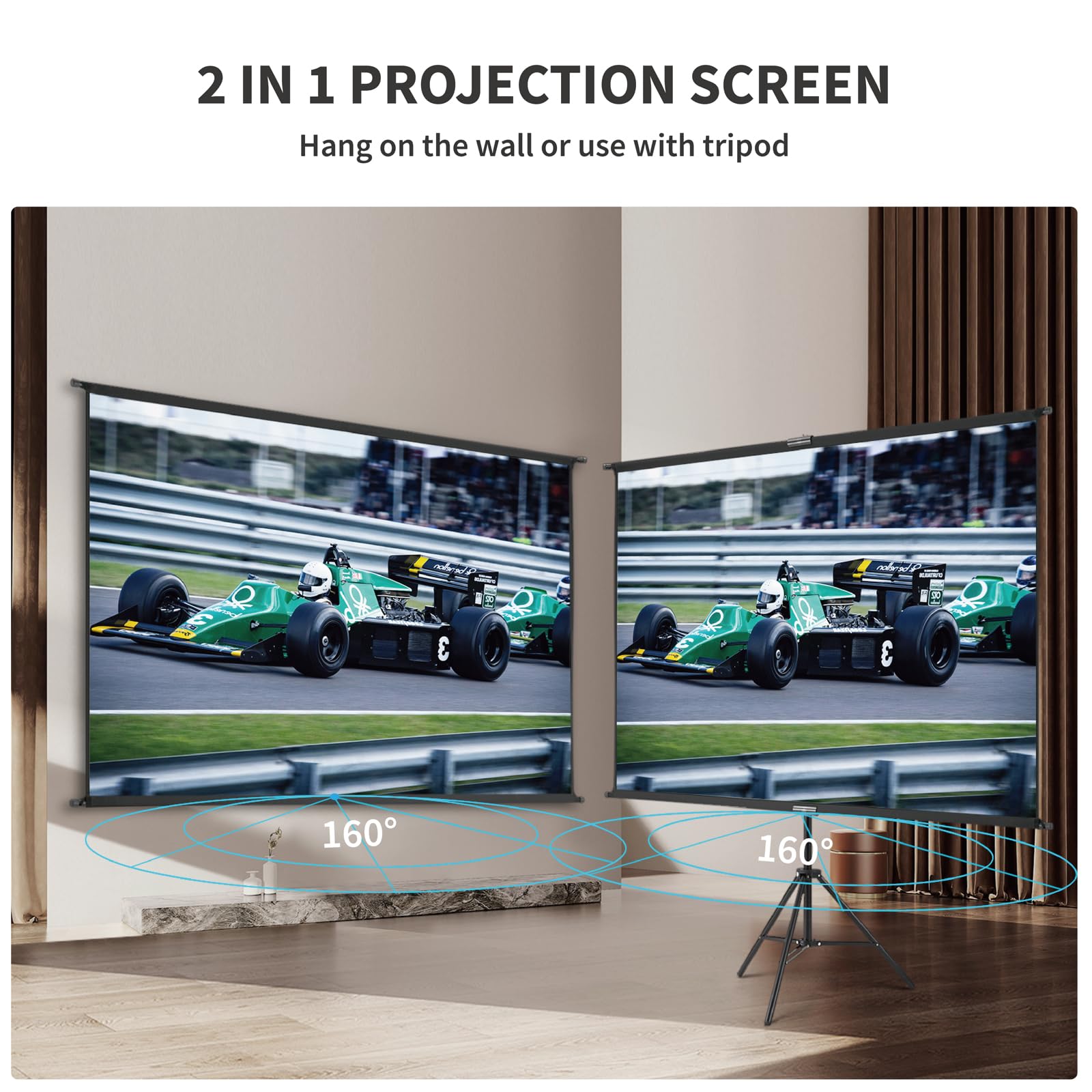 Portable Projector Screen with Stand, 100 inch 16:9, Outdoor Projector Screen, 2 in 1 Projection Screen, Foldable, Ironable and Washable, Idea for Home Cinema, Business, Backyard Party, Game.