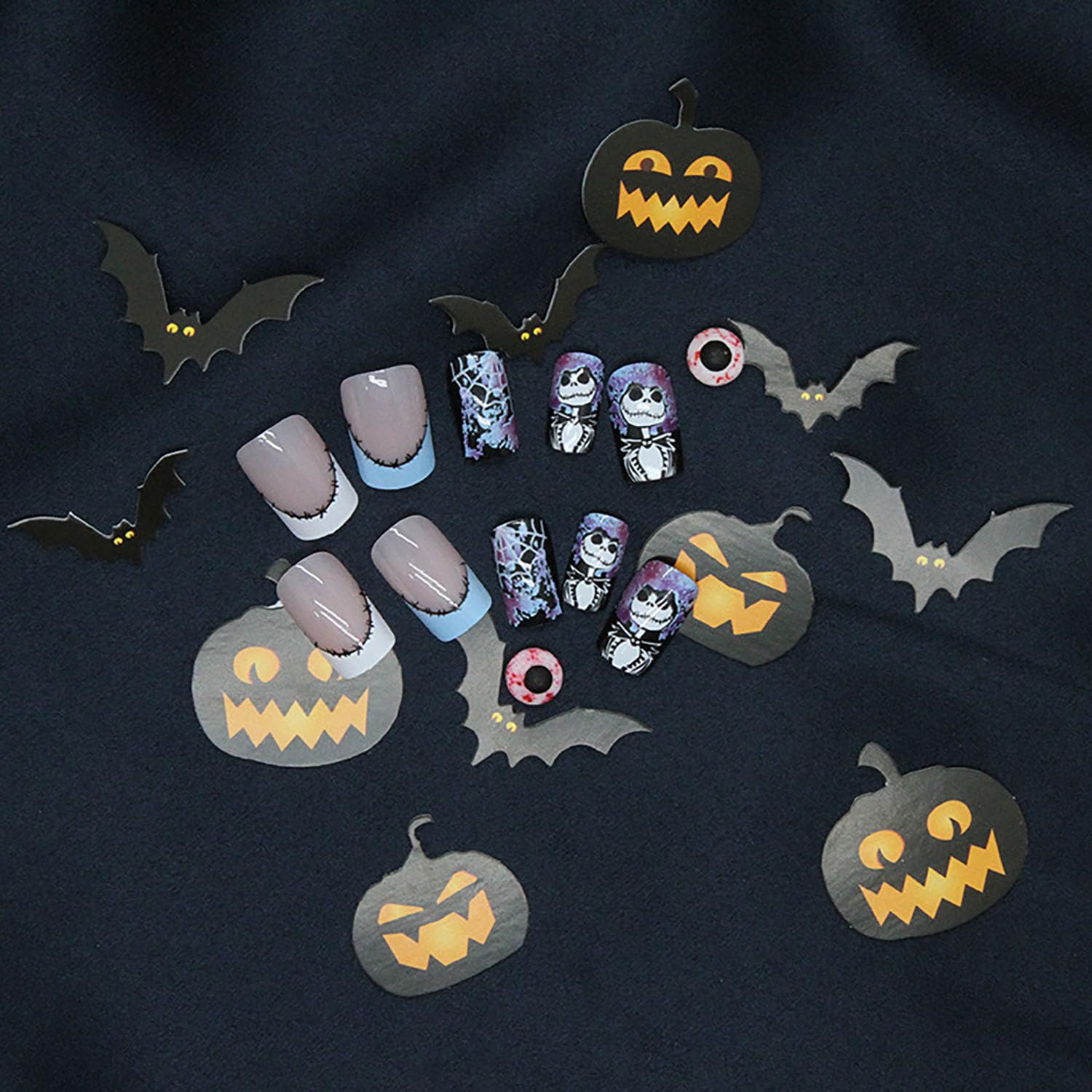 Halloween Press on Nails Medium Square SWEKKE French Fake Nails White Spider Web Full Cover Nightmare Nails Christmas Nails Glossy False Nails Artificial Acrylic Nails for Women Girls 24 Pcs