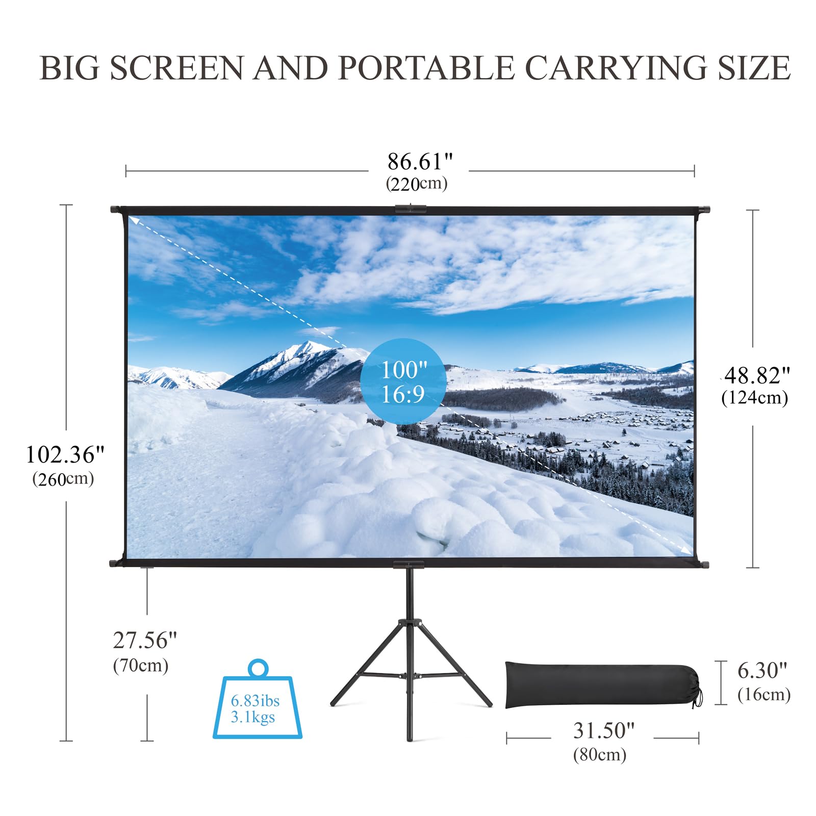 Portable Projector Screen with Stand, 100 inch 16:9, Outdoor Projector Screen, 2 in 1 Projection Screen, Foldable, Ironable and Washable, Idea for Home Cinema, Business, Backyard Party, Game.