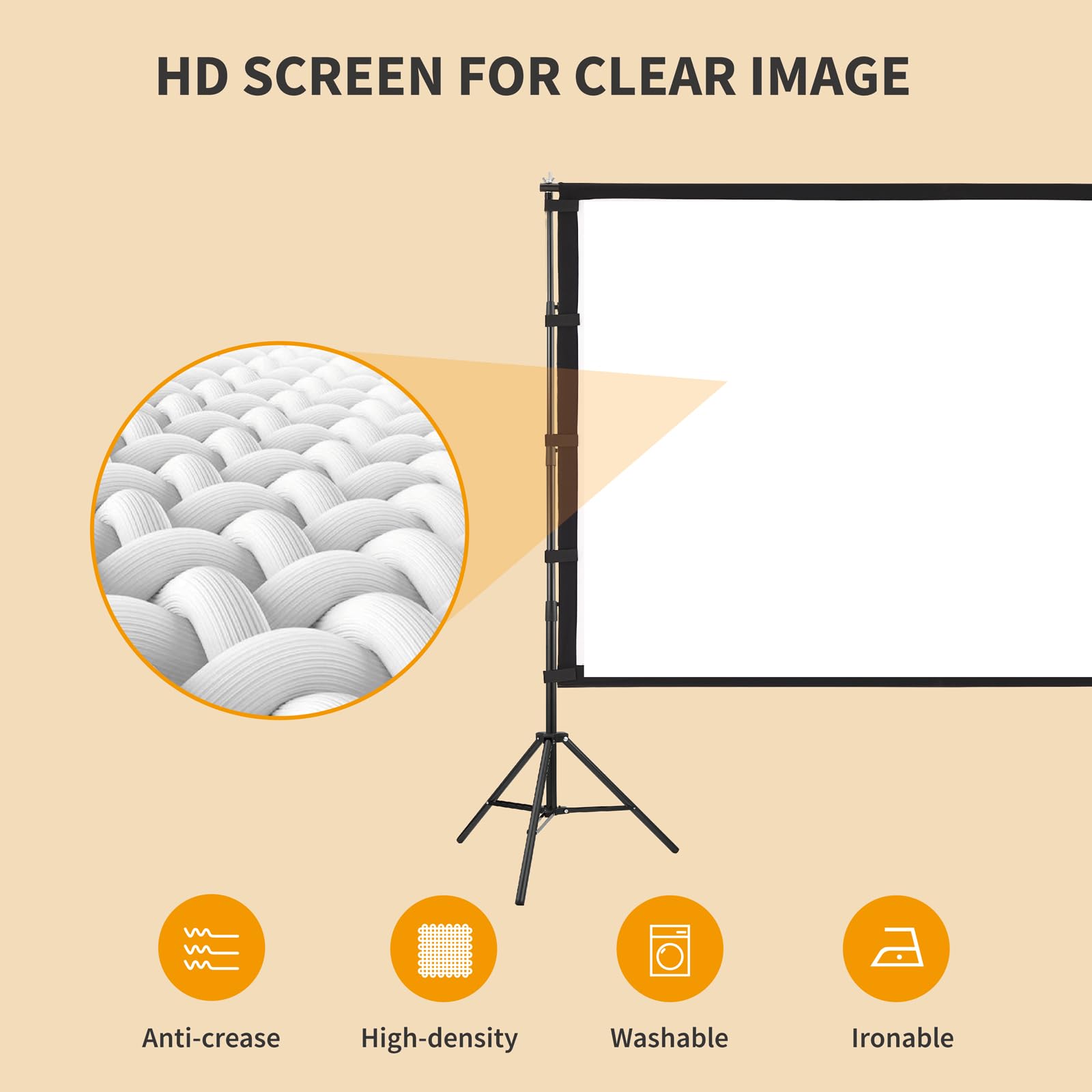 Portable Projector Screen with Stand, 150 inch 16:9, Outdoor Projector Screen, Foldable, Ironable and Washable, Front and Rear Projection Screen, Idea for Home Cinema, Business, Backyard Party.
