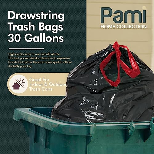 PAMI Large 30-Gallon Drawstring Trash Bags [20-Pack, Black] - Multipurpose Extra-Strong Plastic Garbage Bags- Thick Unscented Trash Can Liners For Kitchen, Bathroom, Lawn, Outdoor Bins- 2ft x2ft