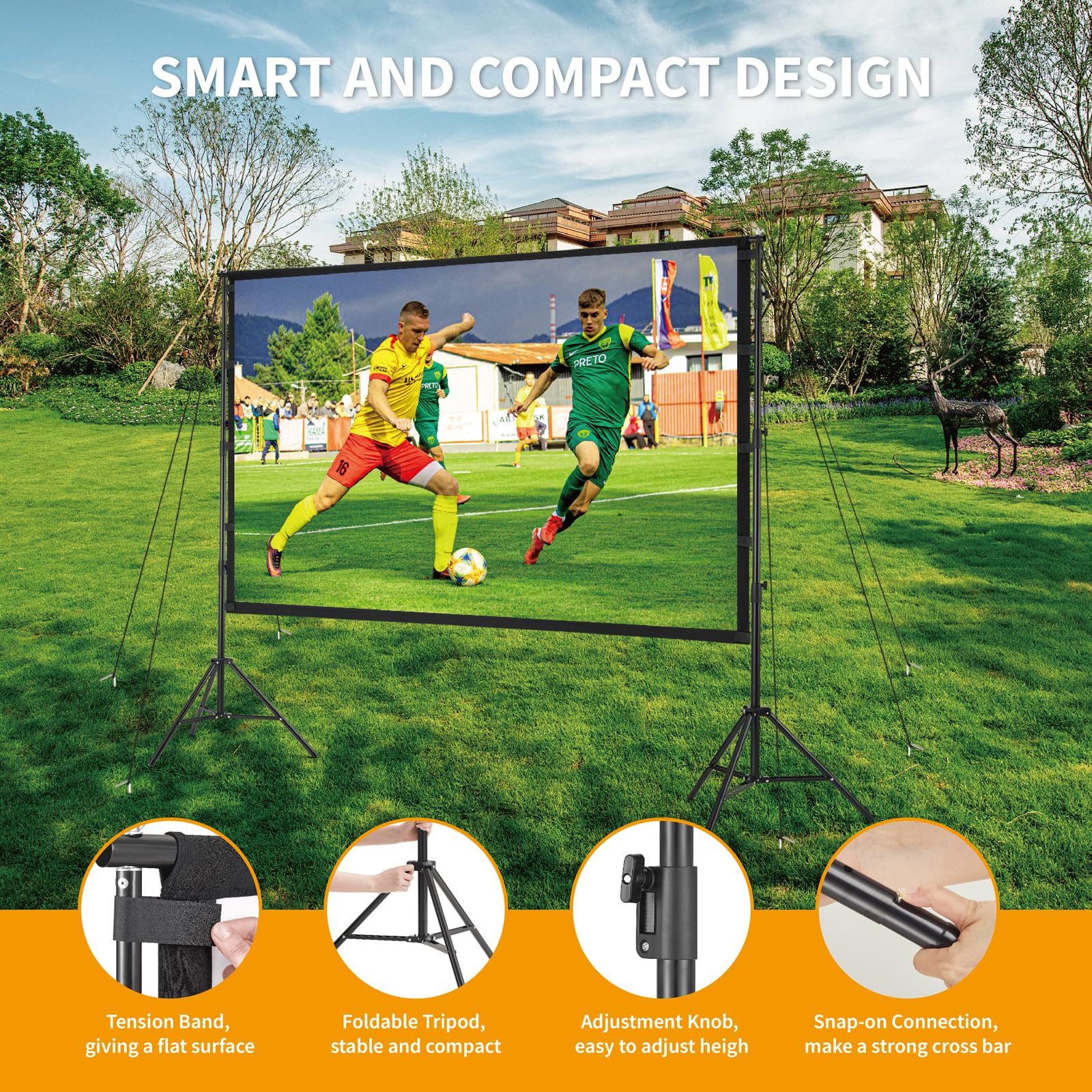 Portable Projector Screen with Stand, 150 inch 16:9, Outdoor Projector Screen, Foldable, Ironable and Washable, Front and Rear Projection Screen, Idea for Home Cinema, Business, Backyard Party.