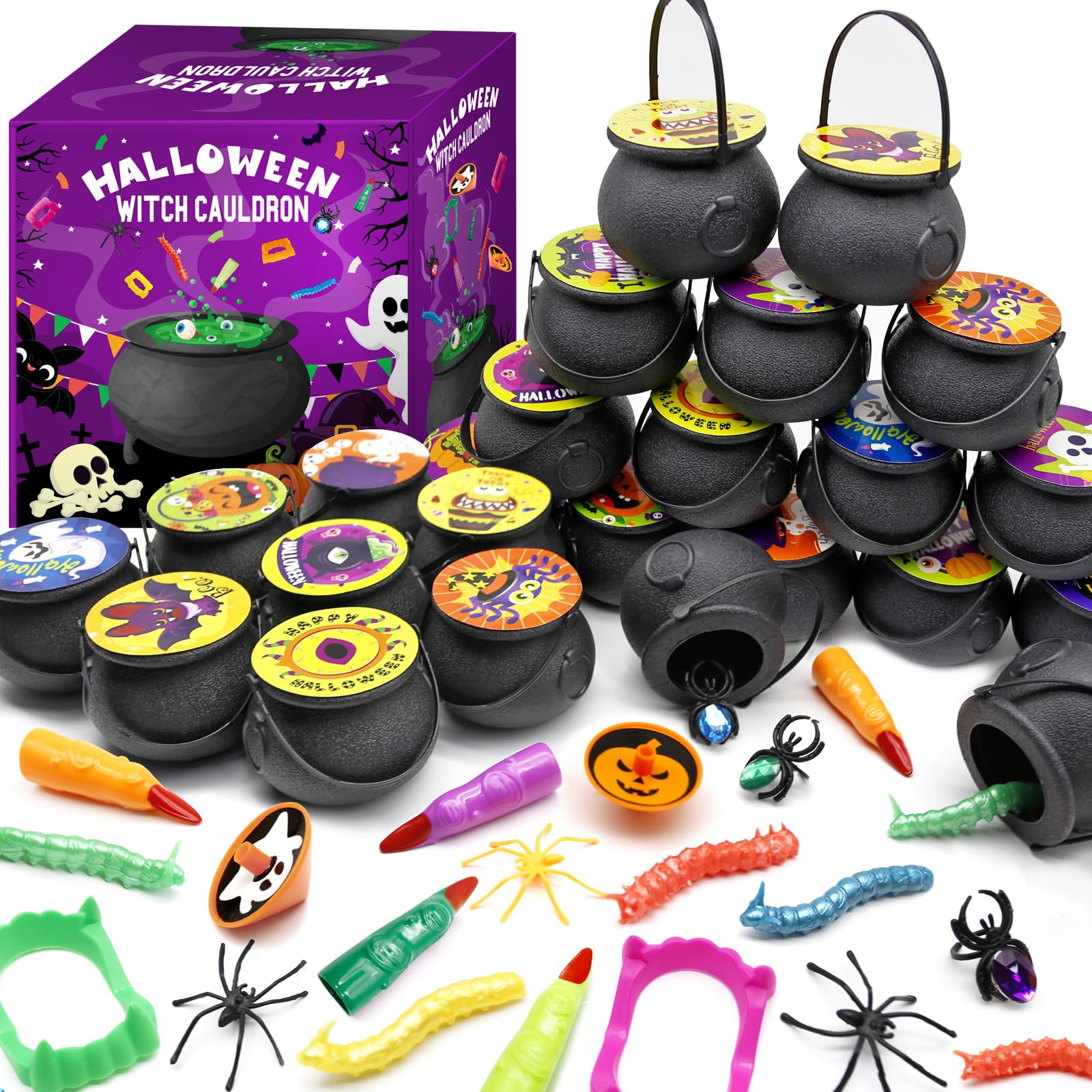 BEARUN 192Pcs Halloween Party Favors for Kids, 24 Pack Prefilled Witch Cauldron Toys in Bulk, Goodie Bag Fillers, Gifts, Party Supplies, Non-Candy Trick or Treat