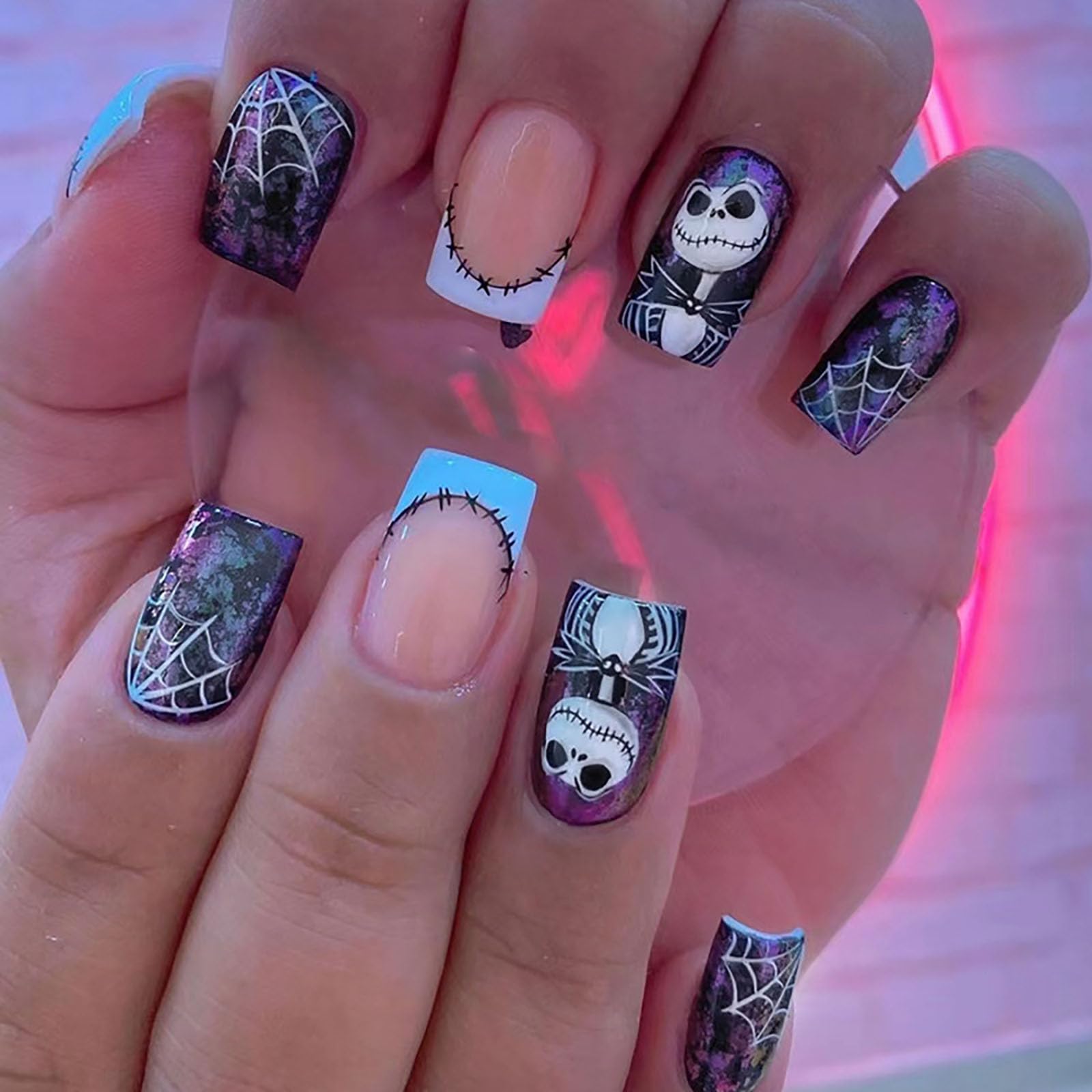 Halloween Press on Nails Medium Square SWEKKE French Fake Nails White Spider Web Full Cover Nightmare Nails Christmas Nails Glossy False Nails Artificial Acrylic Nails for Women Girls 24 Pcs