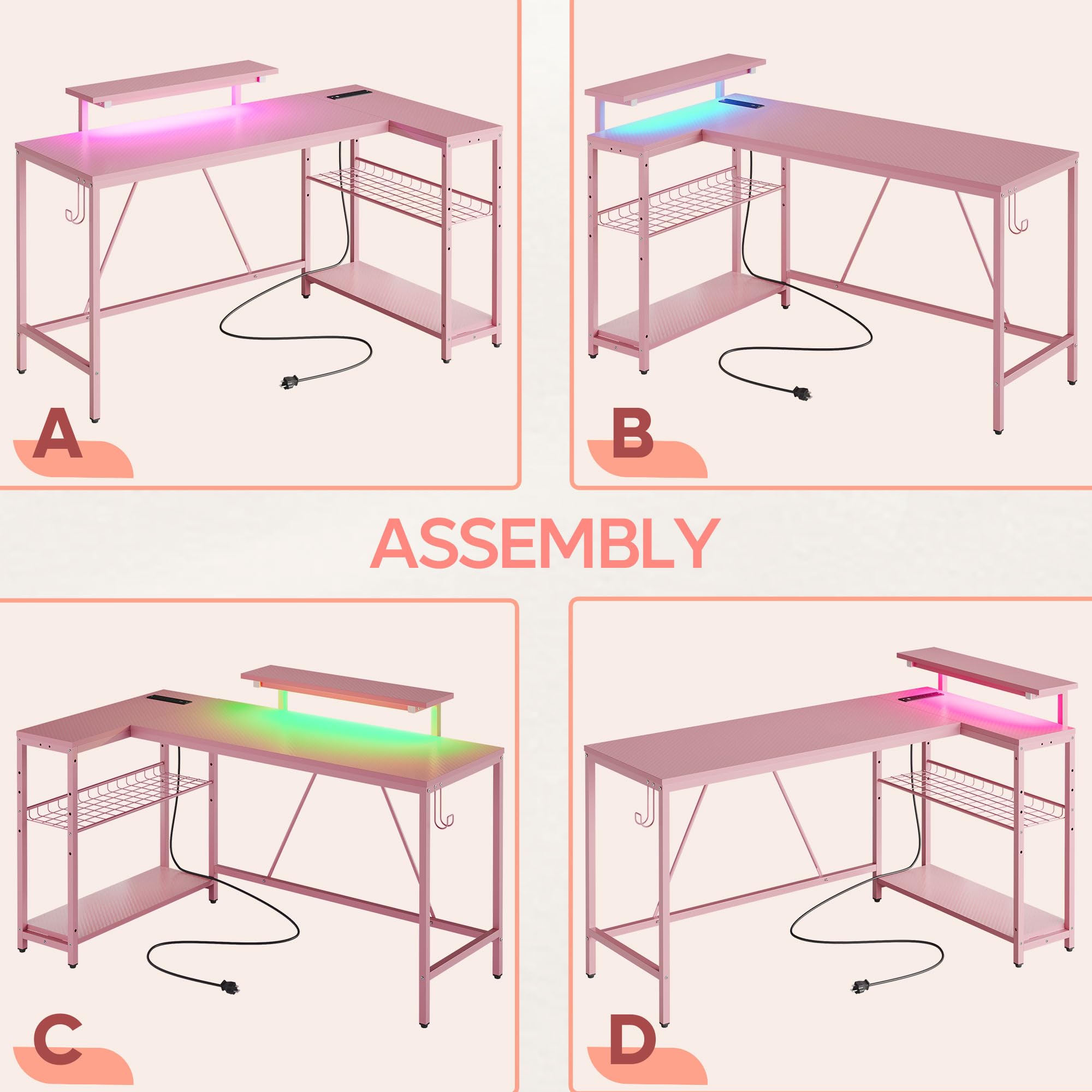 Bestier L Shaped Gaming Desk with Power Outlets,58 LED Small Corner Desk with Reversible Storage Shelves,Pink Computer Desk with Headset Hooks Desk for Living Room and Dormitory