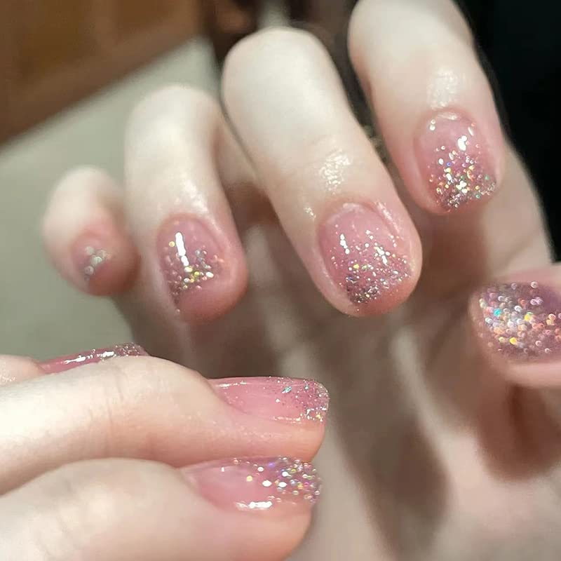 Pink Press on Nails Square, Short Fake Nails with Glitter Pattern,Glue on nails for Women Girls DIY Nail Manicure, Includes Prep Pad, Mini File, Cuticle Stick, Glue, Jelly Glue and 24 False Nails