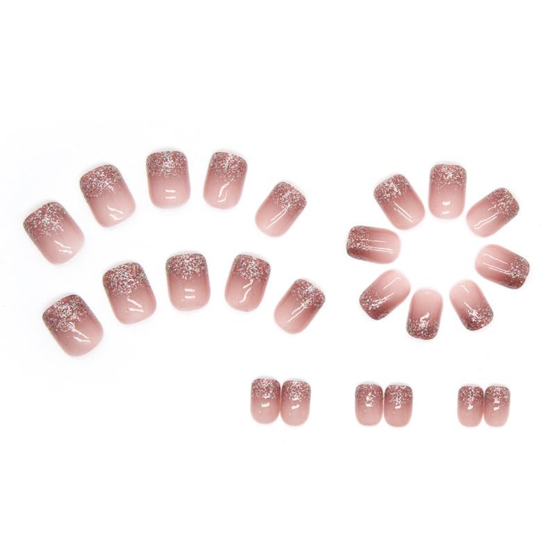Pink Press on Nails Square, Short Fake Nails with Glitter Pattern,Glue on nails for Women Girls DIY Nail Manicure, Includes Prep Pad, Mini File, Cuticle Stick, Glue, Jelly Glue and 24 False Nails