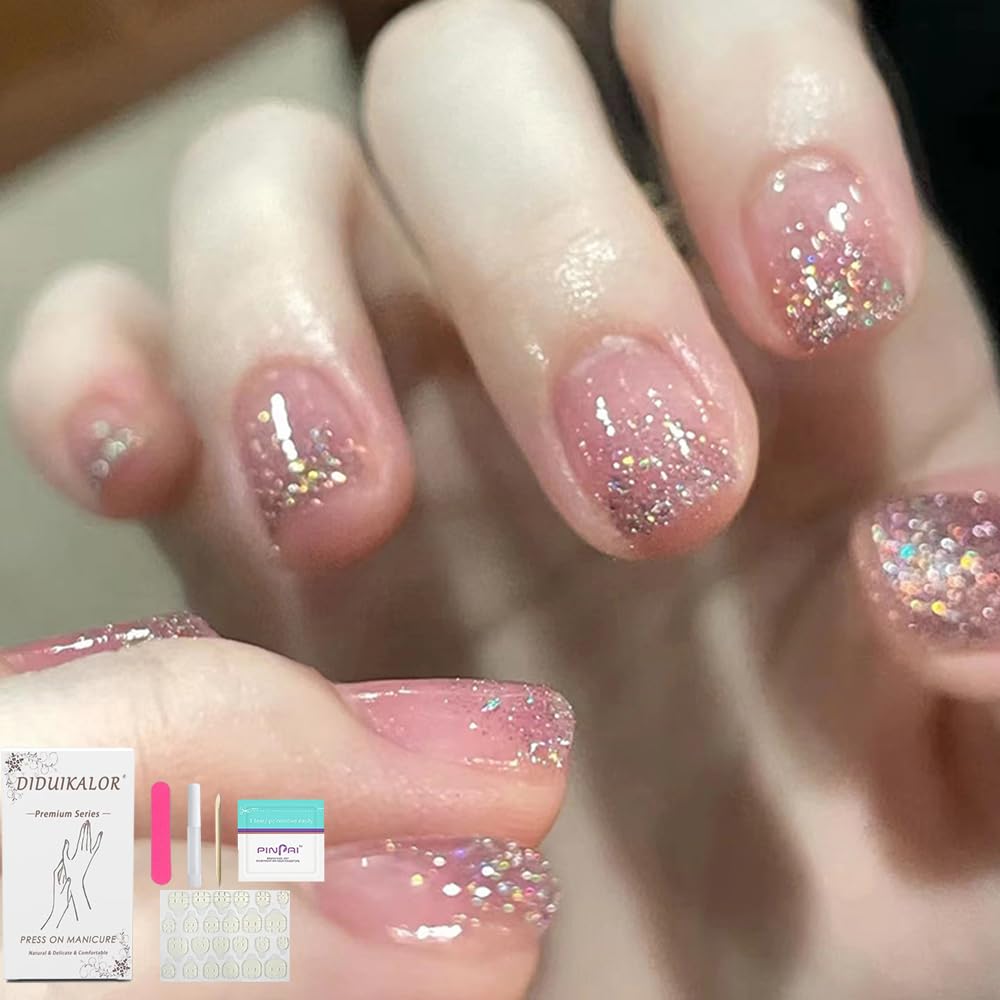 Pink Press on Nails Square, Short Fake Nails with Glitter Pattern,Glue on nails for Women Girls DIY Nail Manicure, Includes Prep Pad, Mini File, Cuticle Stick, Glue, Jelly Glue and 24 False Nails