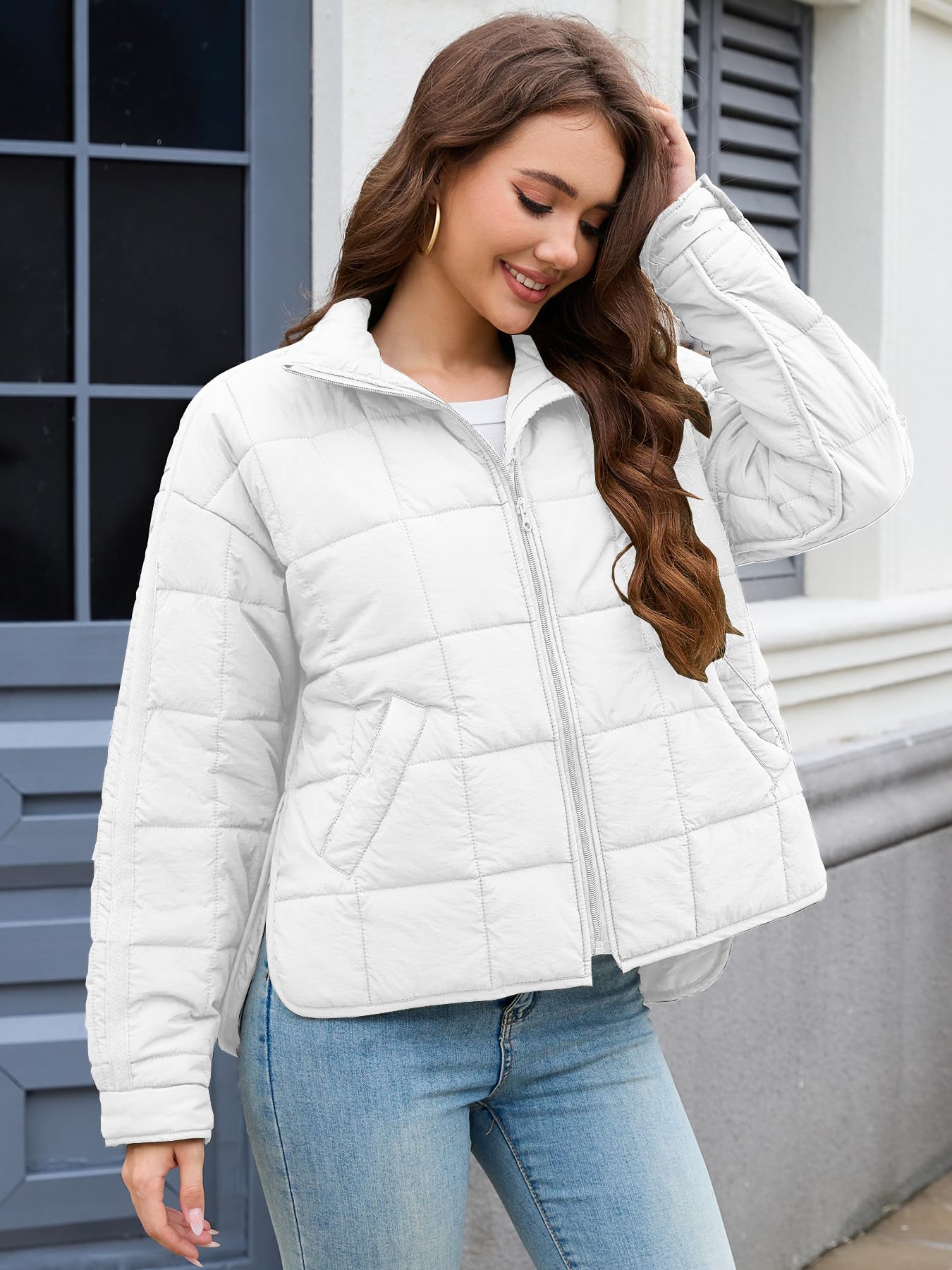 Muchpow Women's Lightweight Down Coat Long Sleeve Full Zipper Oversized Packable Short Puffer Jackets(White,Large)
