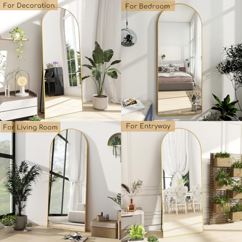 JAWGLOW Arched Full Length Mirror, 64" x 21" Free Standing Floor Mirror, Modern Full Body Mirror with Stand, Wall Mirror with Aluminum Alloy Frame for Bedroom,Living Room, Gold