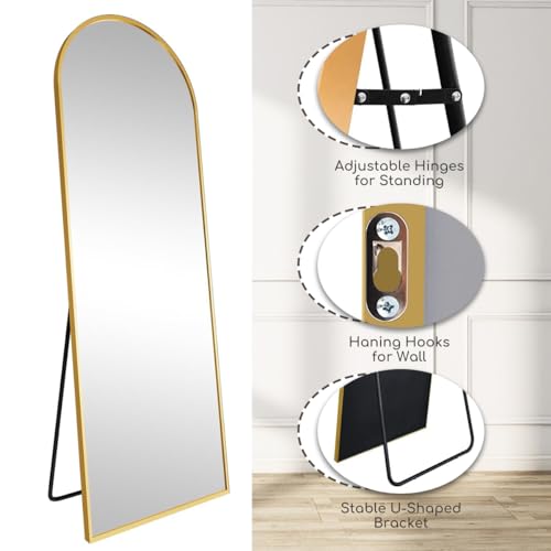 JAWGLOW Arched Full Length Mirror, 64" x 21" Free Standing Floor Mirror, Modern Full Body Mirror with Stand, Wall Mirror with Aluminum Alloy Frame for Bedroom,Living Room, Gold
