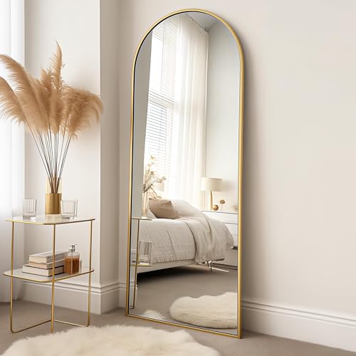 JAWGLOW Arched Full Length Mirror, 64" x 21" Free Standing Floor Mirror, Modern Full Body Mirror with Stand, Wall Mirror with Aluminum Alloy Frame for Bedroom,Living Room, Gold