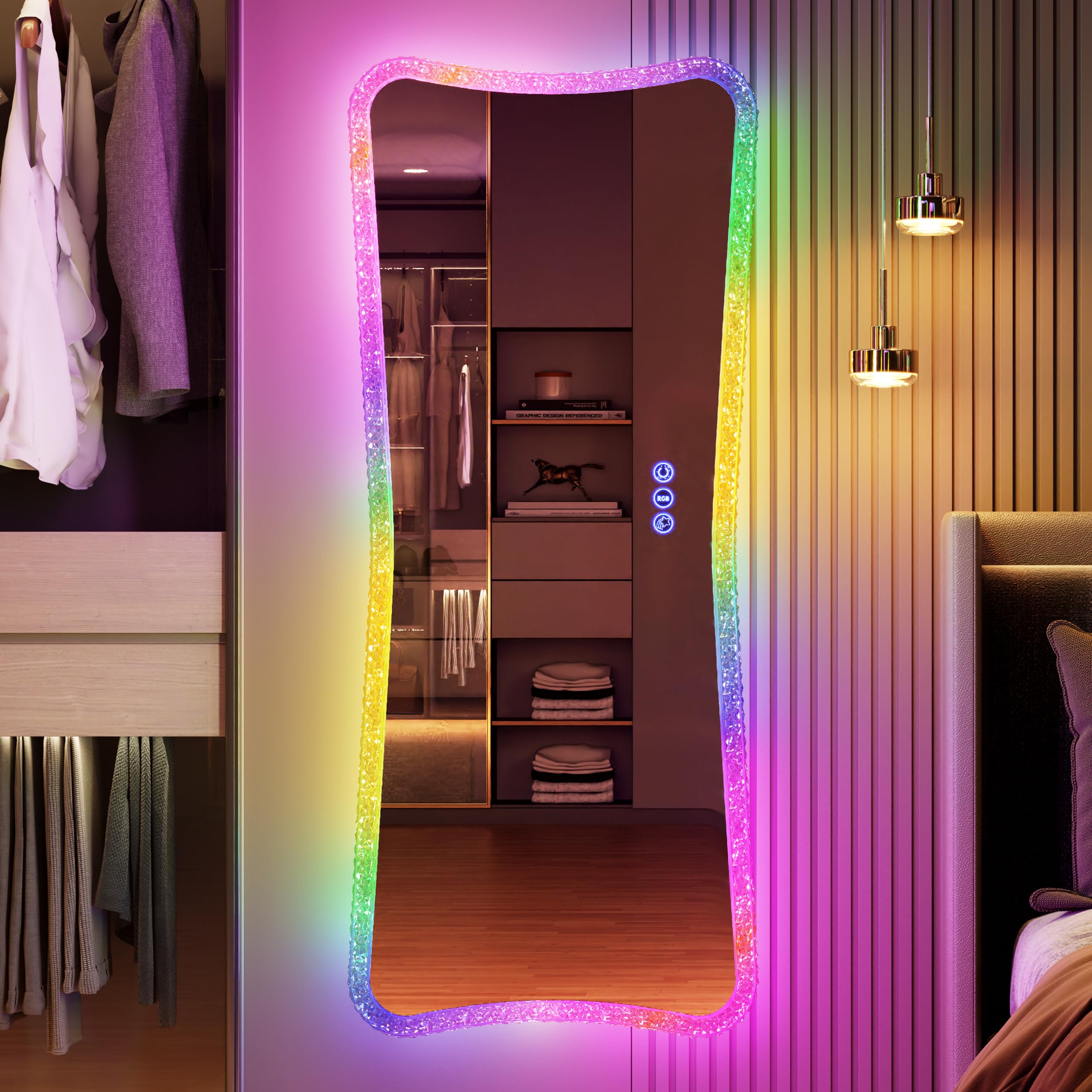 Dystler Full Length Mirror - Glass Full Body Lighted Mirror for Bedroom/Living Room/Bathroom, Hanging Dressing Mirror, Wall Mounted Mirror Dimming & 7 Color Mode (White)