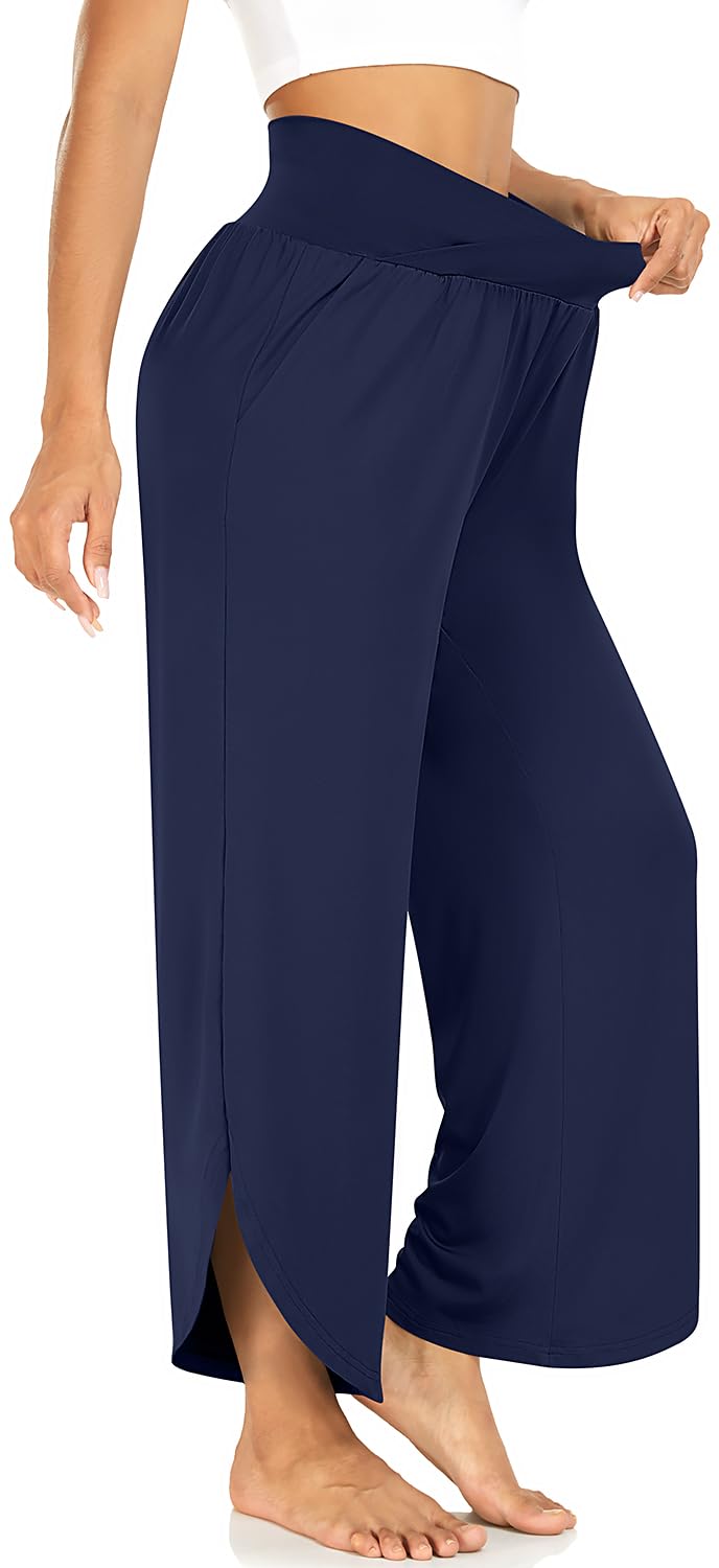 TARSE Womens Wide Leg Yoga Pants Cross High Waisted Capris Plus Size Palazzo Split Leg Trousers Casual Flared Sweatpants with Pockets (Navy,XL)