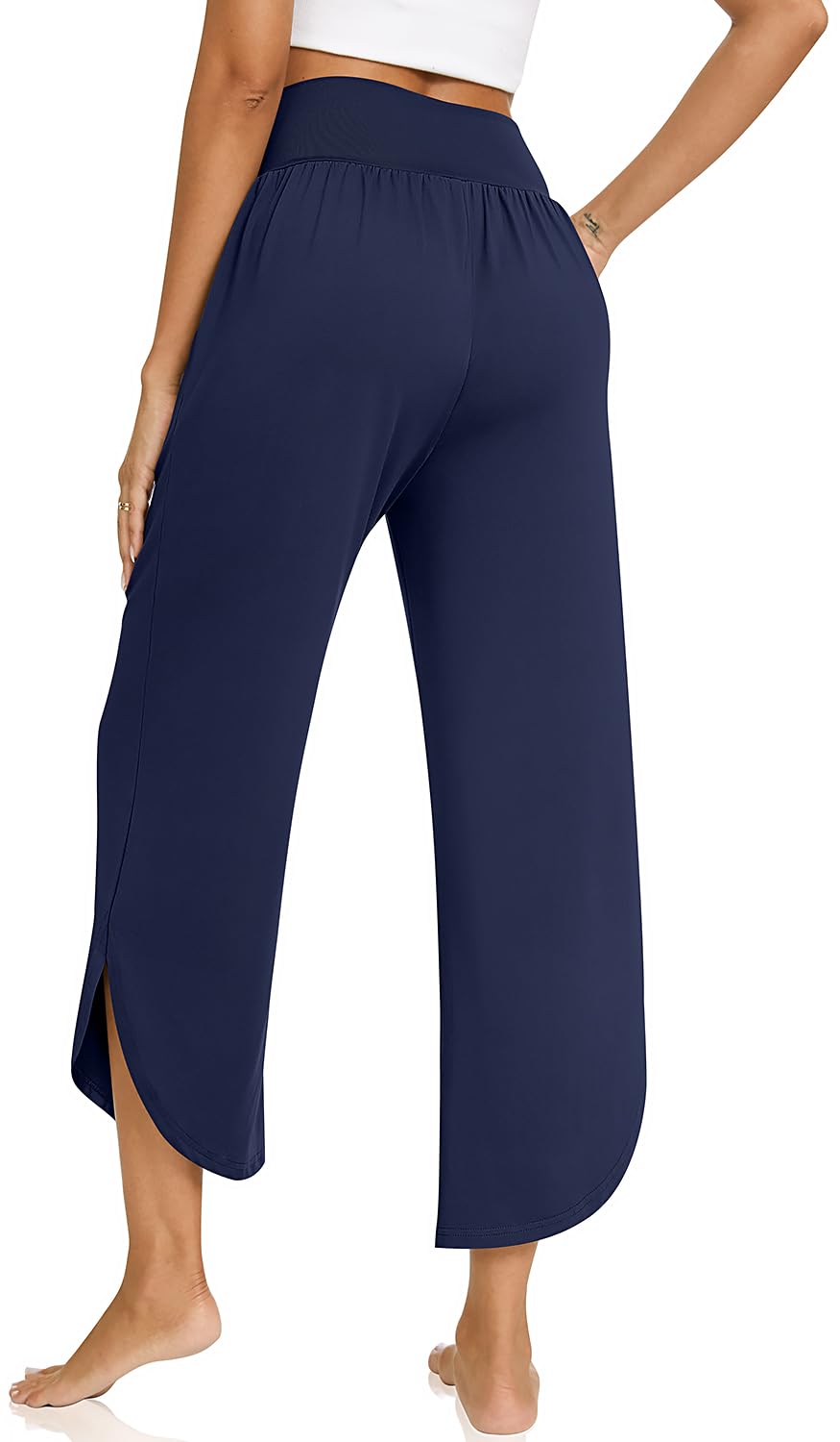 TARSE Womens Wide Leg Yoga Pants Cross High Waisted Capris Plus Size Palazzo Split Leg Trousers Casual Flared Sweatpants with Pockets (Navy,XL)
