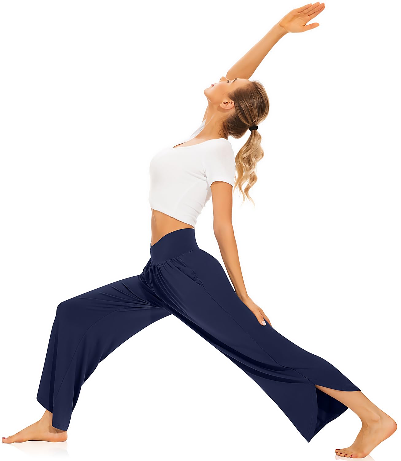 TARSE Womens Wide Leg Yoga Pants Cross High Waisted Capris Plus Size Palazzo Split Leg Trousers Casual Flared Sweatpants with Pockets (Navy,XL)