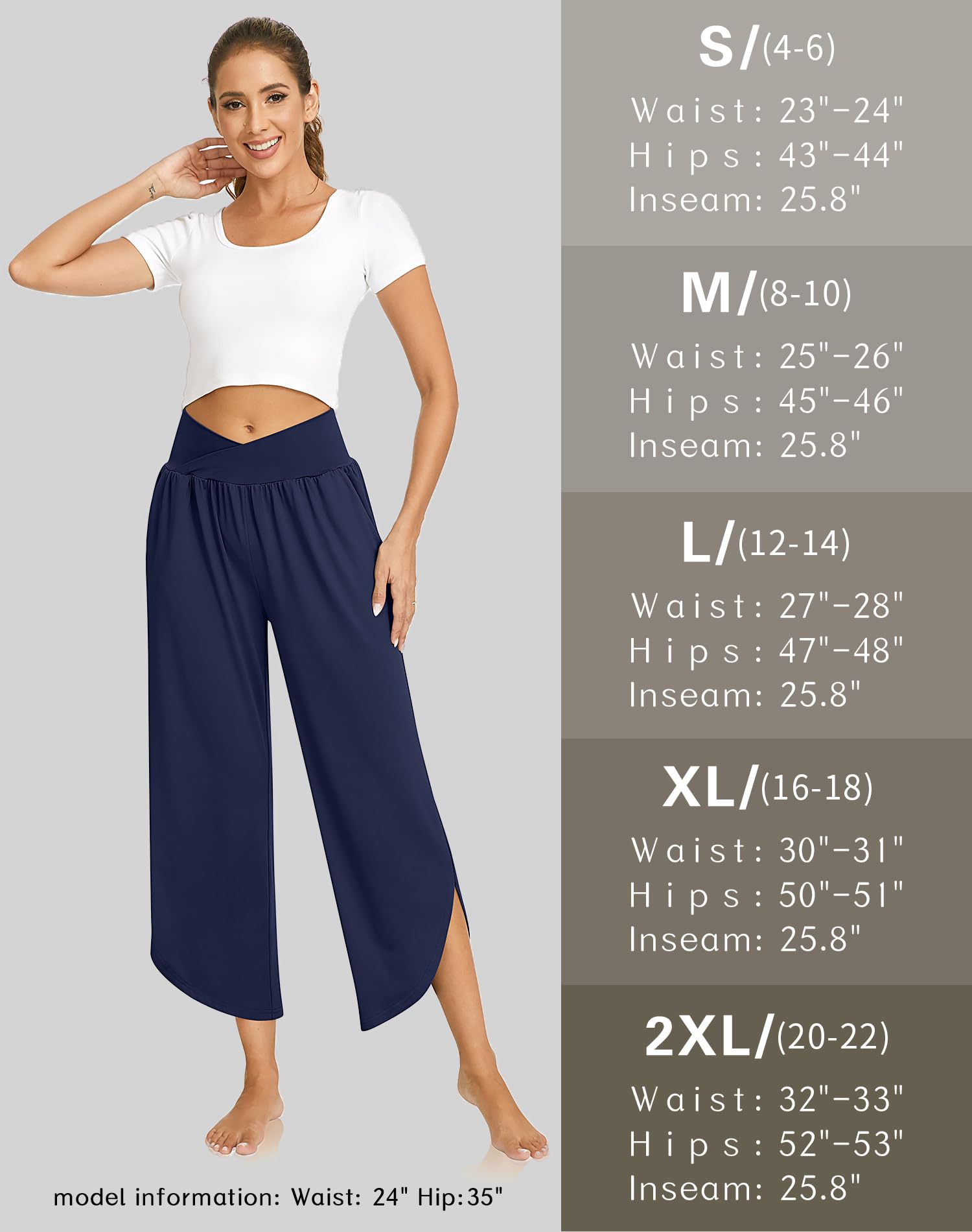 TARSE Womens Wide Leg Yoga Pants Cross High Waisted Capris Plus Size Palazzo Split Leg Trousers Casual Flared Sweatpants with Pockets (Navy,XL)