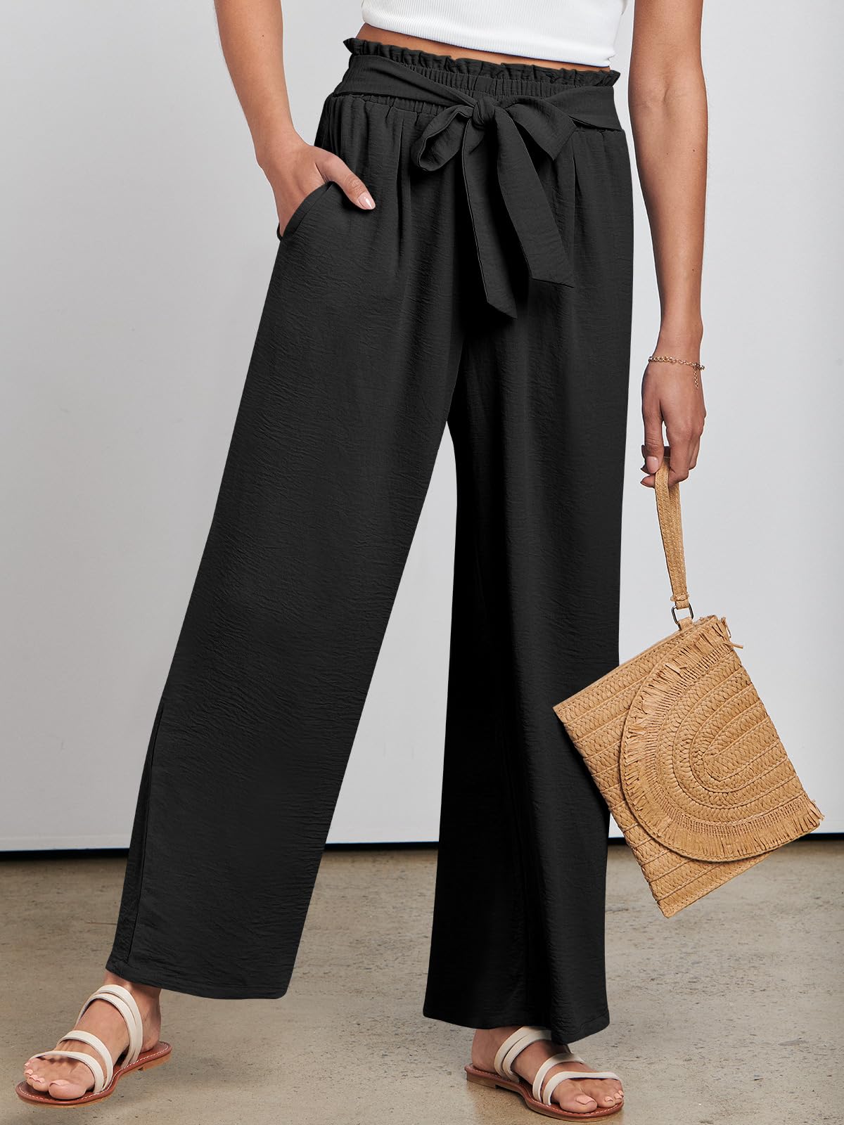 ANRABESS Women's Wide Leg Palazzo Pants with Pockets High Waisted Tie Knot Business Casual Trendy Boho Lounge Trousers Black Small