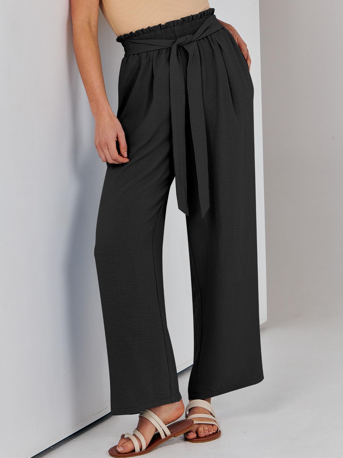 ANRABESS Women's Wide Leg Palazzo Pants with Pockets High Waisted Tie Knot Business Casual Trendy Boho Lounge Trousers Black Small