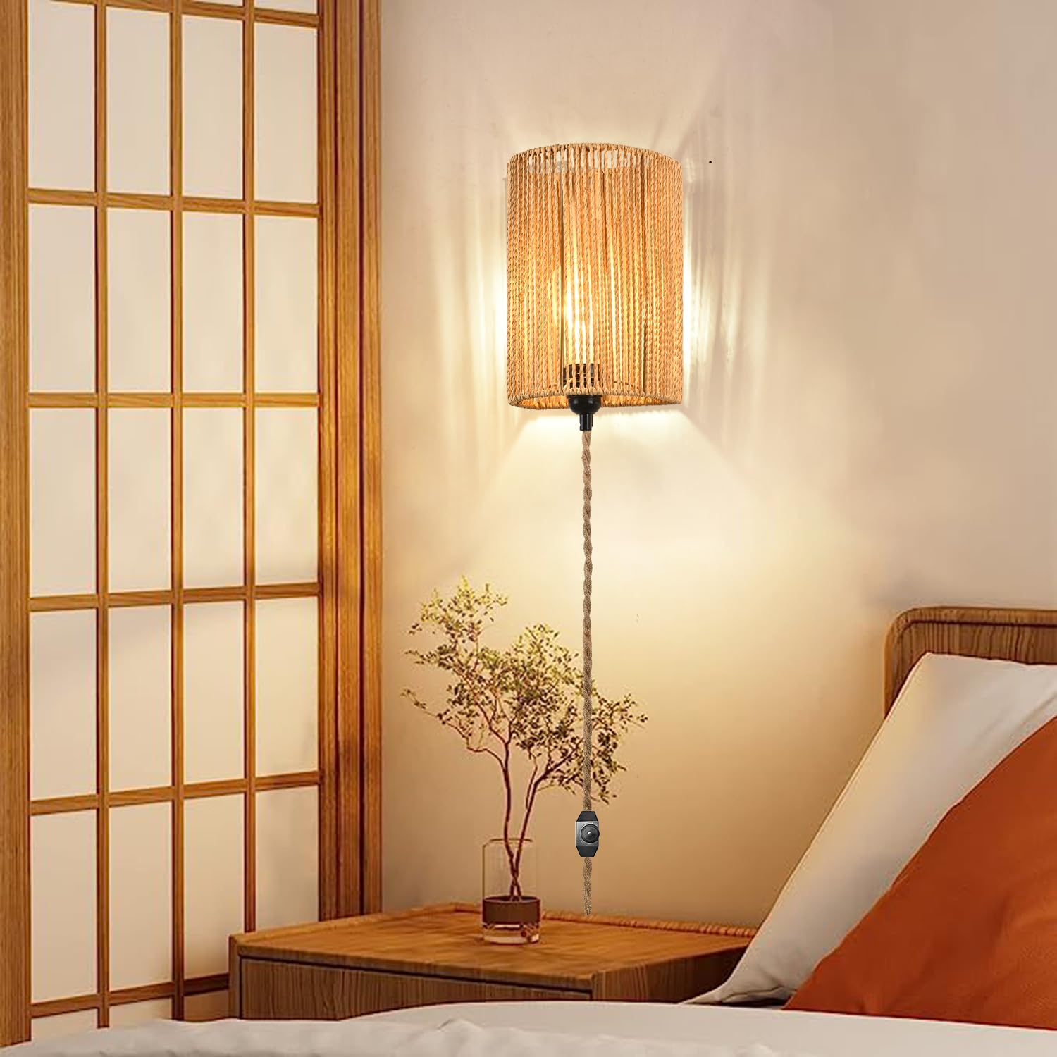Rattan Plug in Wall Sconce Farmhouse Decor Set of Two,Boho Wall Lamp with Plug in Cord Set of 2,Dimmable Switch Wall Lights Fixture,Indoor Rustic Wall Mount Light Bedside for Bedroom Living Room Kids