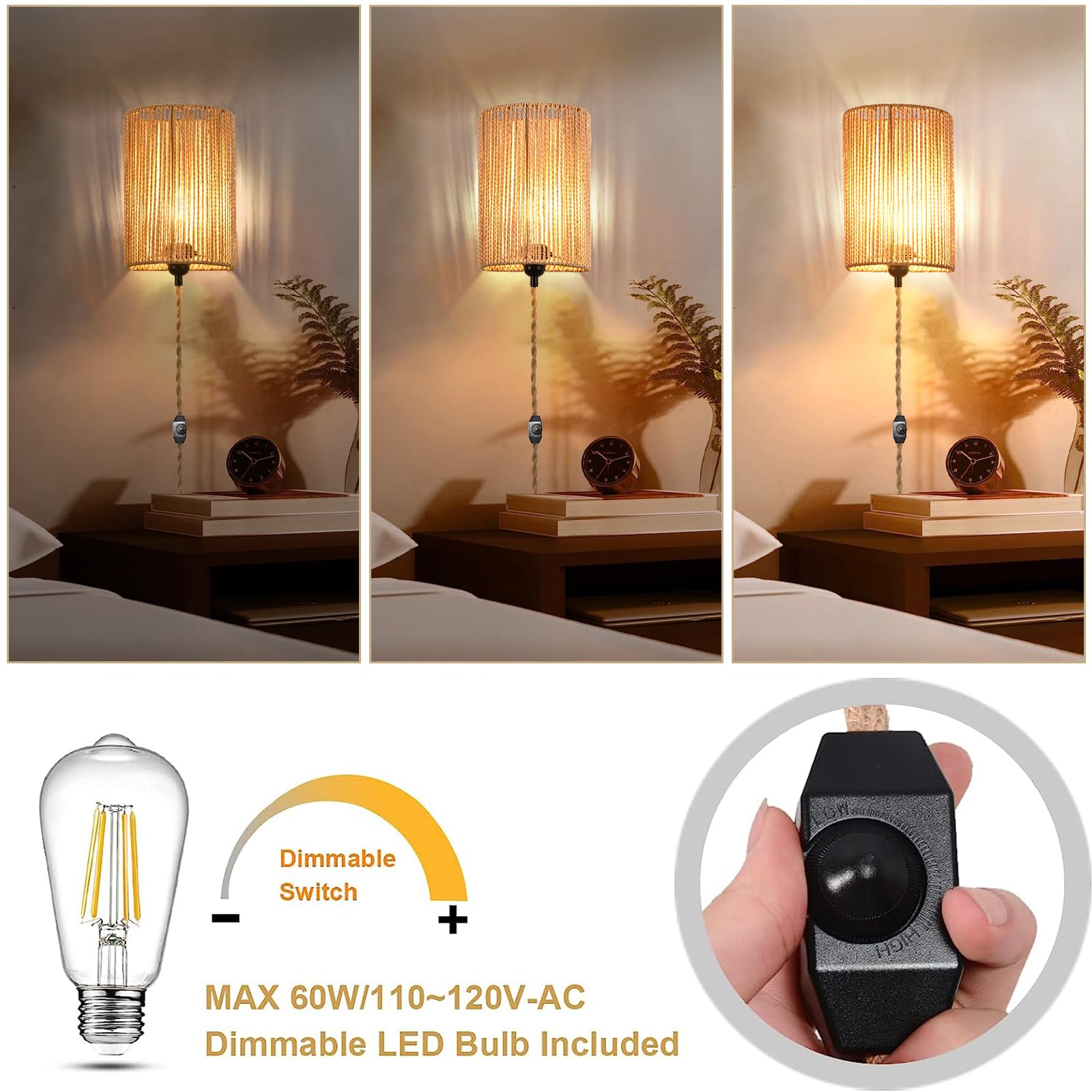 Rattan Plug in Wall Sconce Farmhouse Decor Set of Two,Boho Wall Lamp with Plug in Cord Set of 2,Dimmable Switch Wall Lights Fixture,Indoor Rustic Wall Mount Light Bedside for Bedroom Living Room Kids