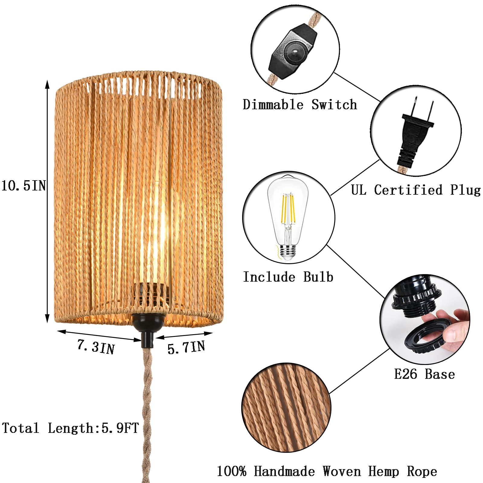 Rattan Plug in Wall Sconce Farmhouse Decor Set of Two,Boho Wall Lamp with Plug in Cord Set of 2,Dimmable Switch Wall Lights Fixture,Indoor Rustic Wall Mount Light Bedside for Bedroom Living Room Kids