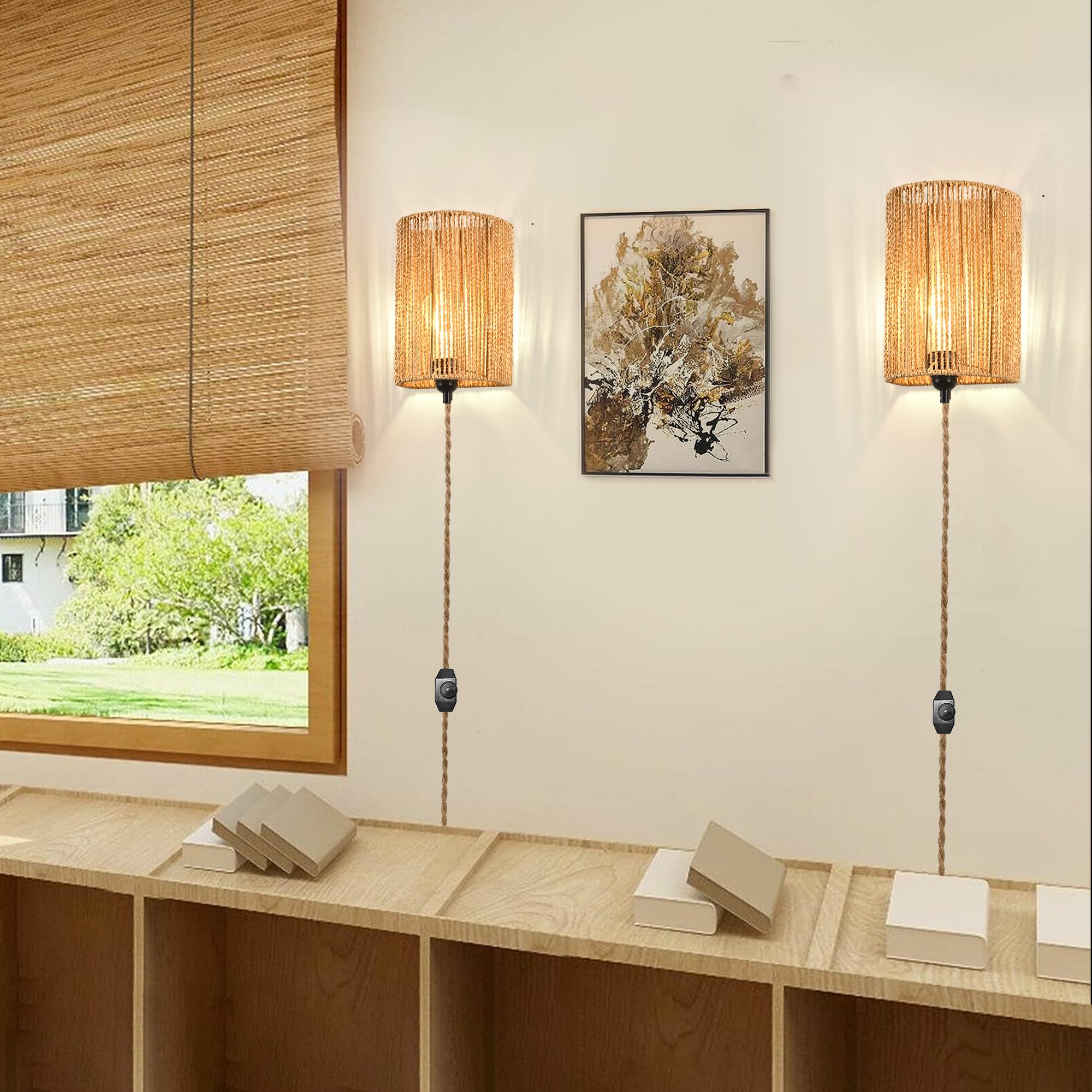 Rattan Plug in Wall Sconce Farmhouse Decor Set of Two,Boho Wall Lamp with Plug in Cord Set of 2,Dimmable Switch Wall Lights Fixture,Indoor Rustic Wall Mount Light Bedside for Bedroom Living Room Kids