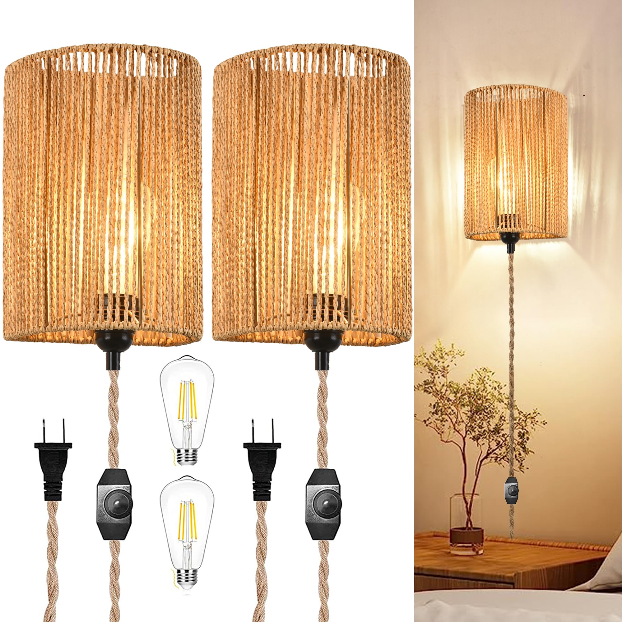 Rattan Plug in Wall Sconce Farmhouse Decor Set of Two,Boho Wall Lamp with Plug in Cord Set of 2,Dimmable Switch Wall Lights Fixture,Indoor Rustic Wall Mount Light Bedside for Bedroom Living Room Kids