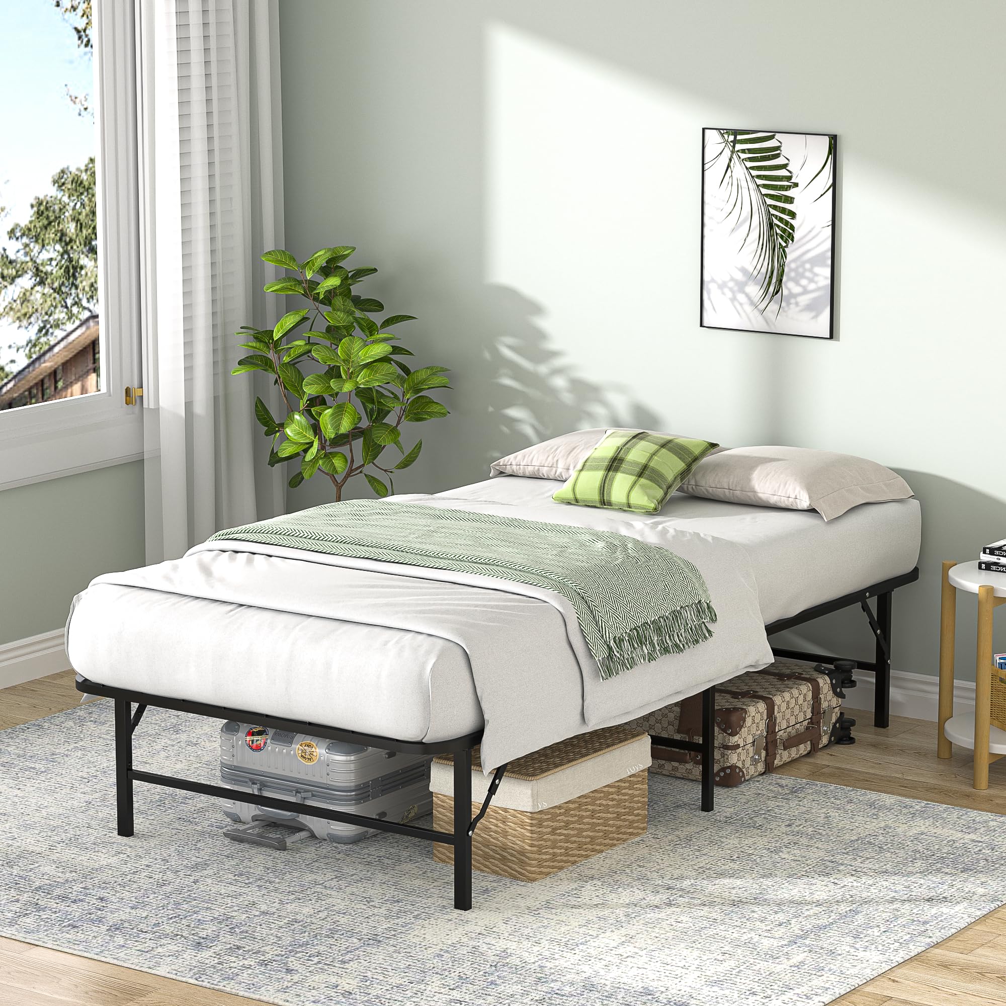 VECELO 14 Inch Foldable Metal Platform Bed Frame, Tool-Free Assembly/Box Spring Replacement/Quiet Noise Free-King, Black