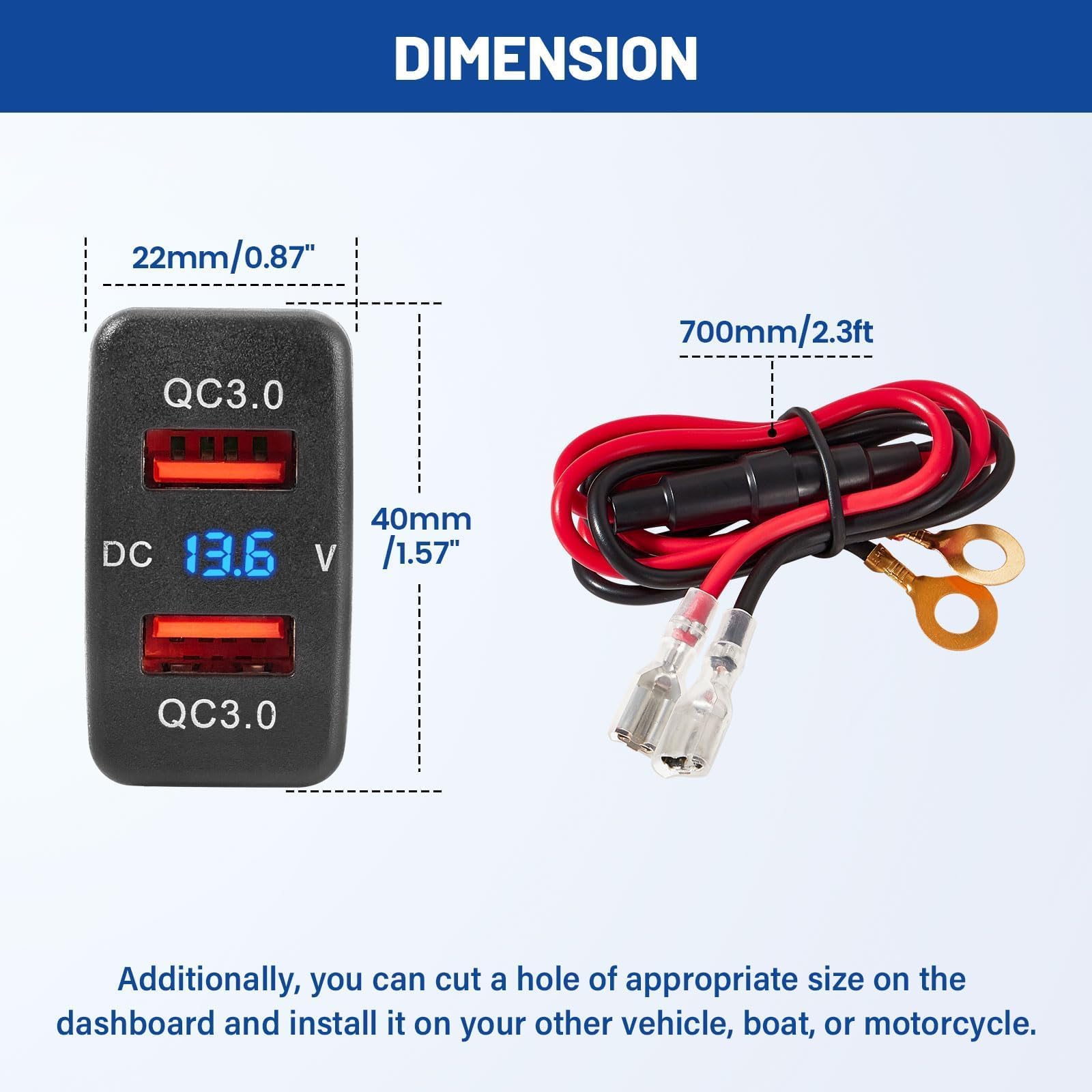 Anina Dual QC USB 3.0 Charger Port for Toyota, 12V/24V 18W Quick Charge Socket Adapter with Digital Voltmeter Blue LED Light, Multi-Port USB Square Car Outlet Plug for Tacoma FJ Cruiser Highlander