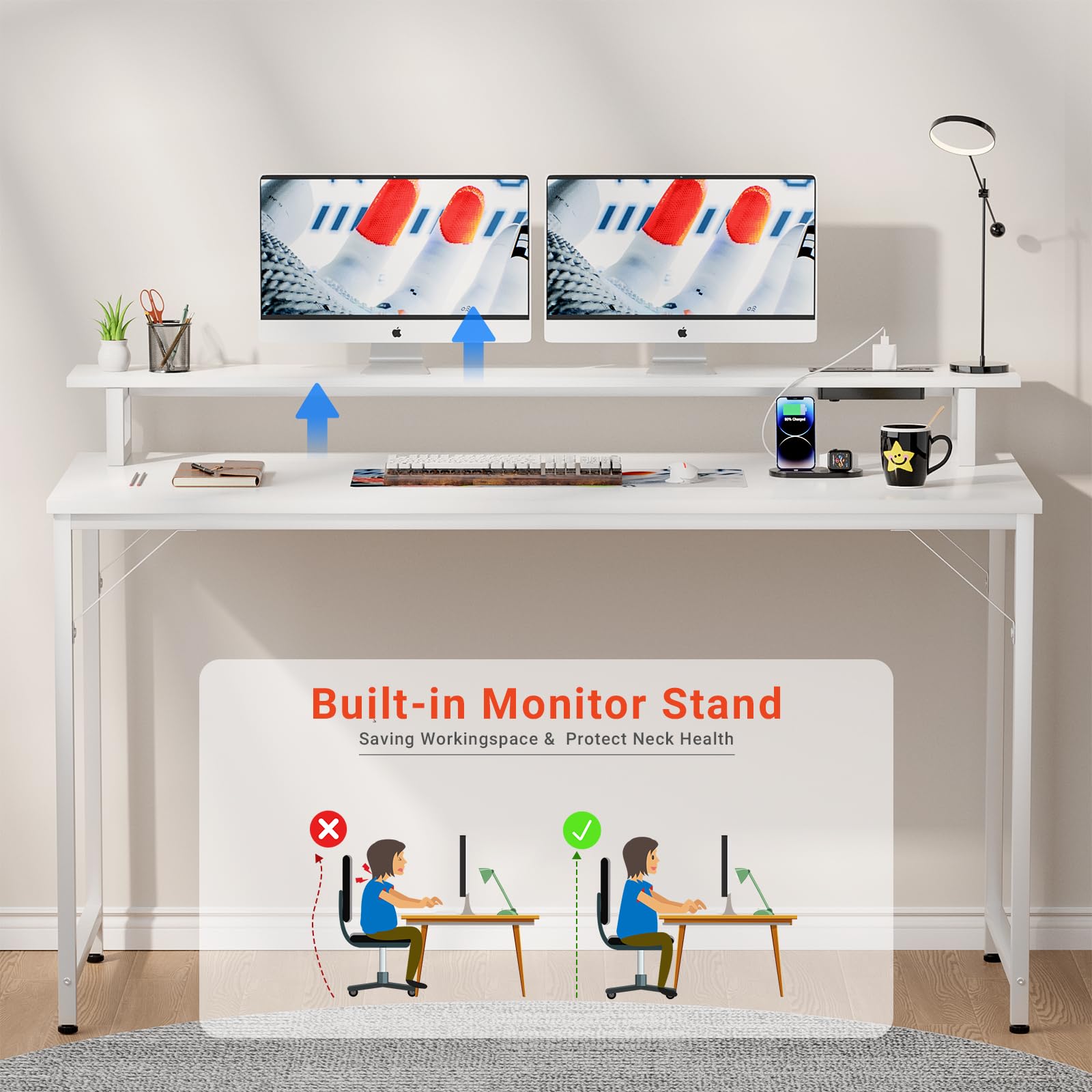 iSunirm 55 inch Computer Desk with Power Outlets, Office Desk Gaming Desk with LED Lights, Home Office Desk with Monitor Shelf, Modern Work Desk Study Writing Table for Bedroom, Pure White