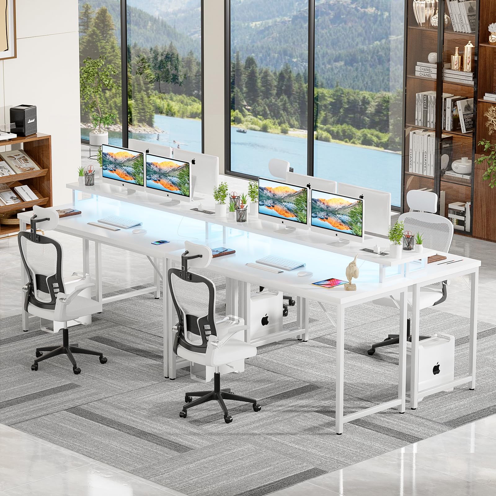 iSunirm 55 inch Computer Desk with Power Outlets, Office Desk Gaming Desk with LED Lights, Home Office Desk with Monitor Shelf, Modern Work Desk Study Writing Table for Bedroom, Pure White