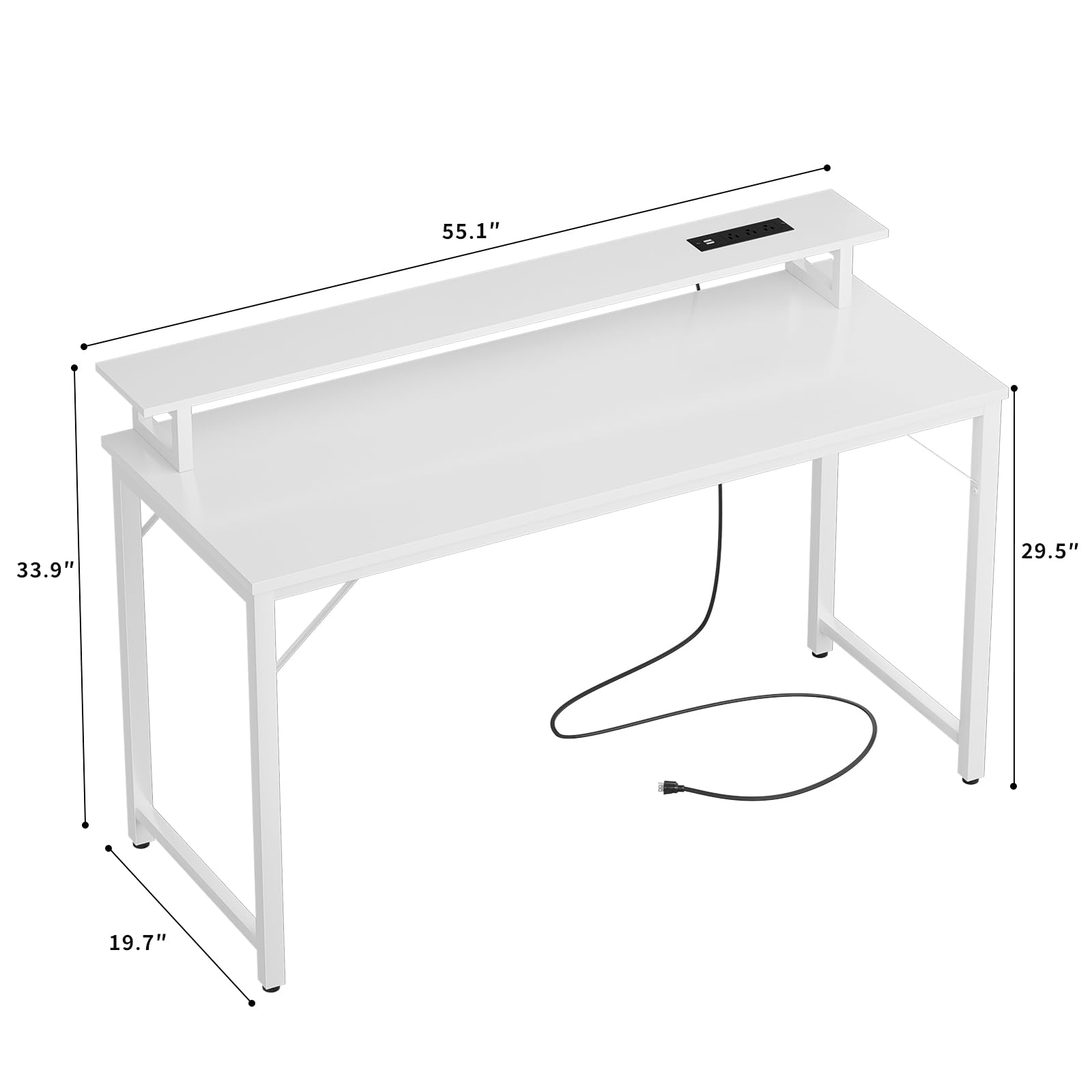 iSunirm 55 inch Computer Desk with Power Outlets, Office Desk Gaming Desk with LED Lights, Home Office Desk with Monitor Shelf, Modern Work Desk Study Writing Table for Bedroom, Pure White