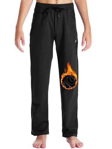 DEVOROPA Boys Sweatpants Fleece Lined Open Bottom Water Resistant Youth Athletic Joggers Thermal Pants Zipper Pockets Black L