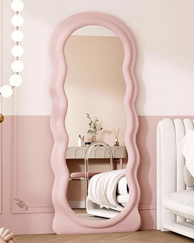 Otlsh Wavy Floor Mirror, 63" x 24" Full Length Mirror with Stand, Irregular Wavy Mirror, Wave Pattern, Flannel, Standing Mirror, Large Wall Mirror, Freestanding, Pink