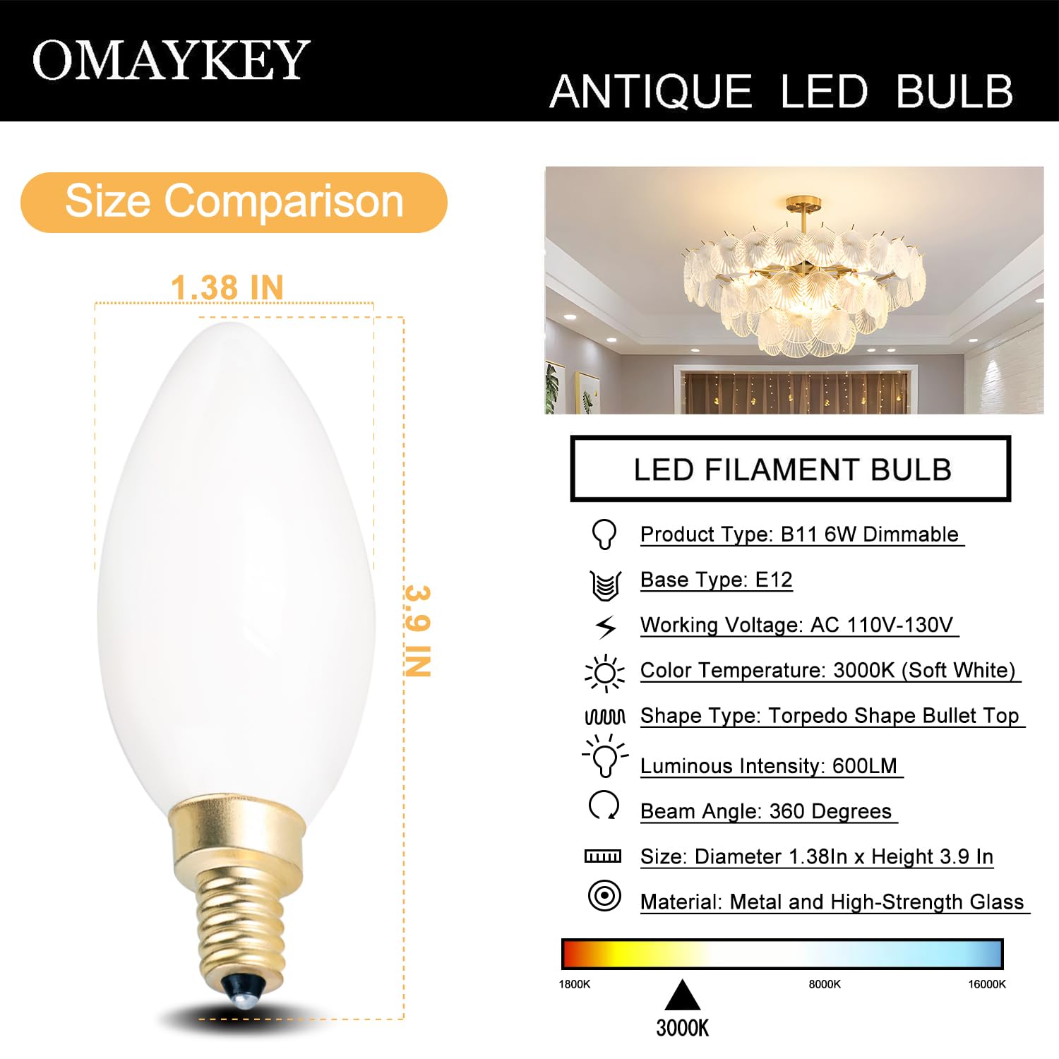 OMAYKEY 6W Dimmable LED Candelabra Bulbs 60W Equivalent 600 Lumens, 3000K Soft White E12 Candelabra Base, Vintage Edison Style B11 / C35 Milky White Glass LED Filament Chandelier Light Bulb, 10 Pack