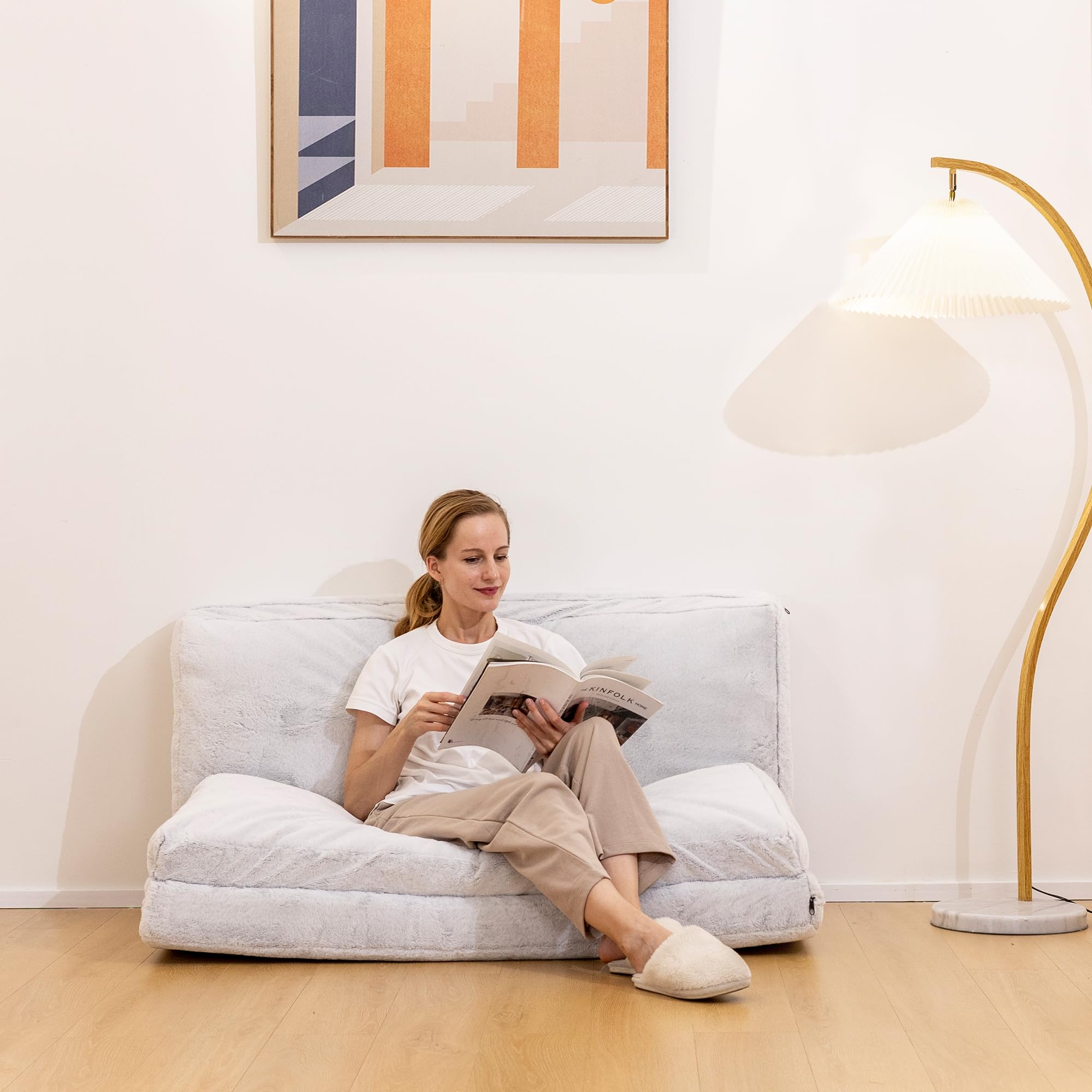 Zekeoney Folding Matress Sofa Bean Bag Sofa Bed, Foam Filling Wall Sofa Beanbag Couch Bed Soft Faux Fur Floor Sofa with Removable Cover for Living Room, Bedroom (White)