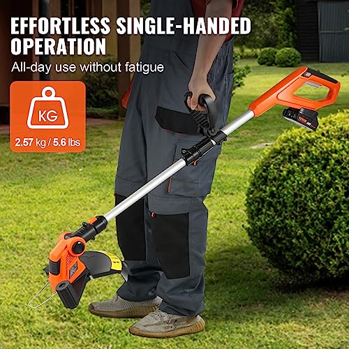 VEVOR Cordless String Trimmer, 12" 20 V Battery Powered Weed Eater with Auto Feed, 3 Spools, Battery and Charger Included, Cordless Weed Wacker for Trimming and Edging, for Lawns, Orchards, Driveways
