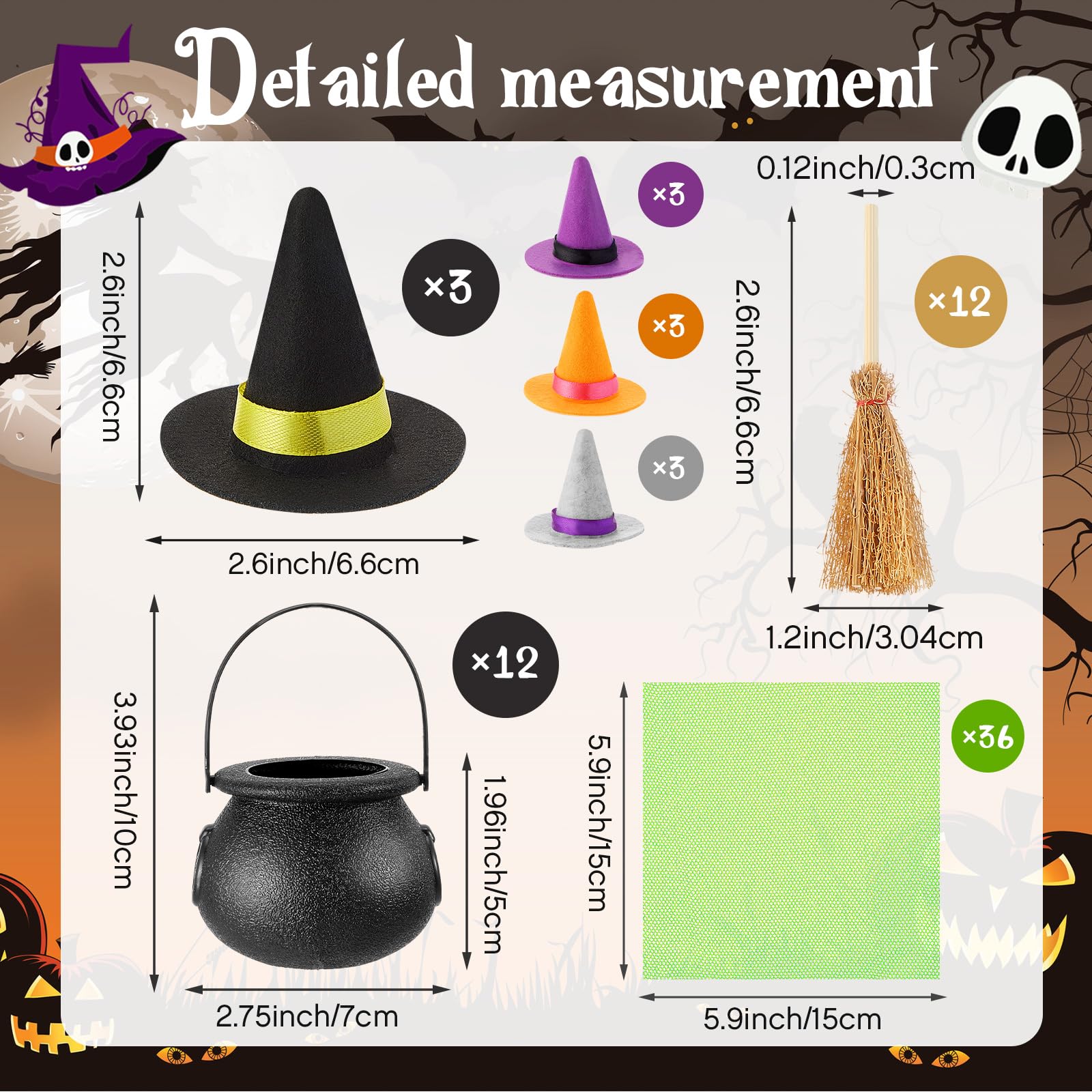 Deekin 48 Pcs Halloween Party Decorations Witch Accessories, Include Mini Witch Hat and Witch Broom, Miniatures Plastic Cauldron Pot and Mesh Gauze for Halloween Wizard Theme Party Favor, DIY Craft