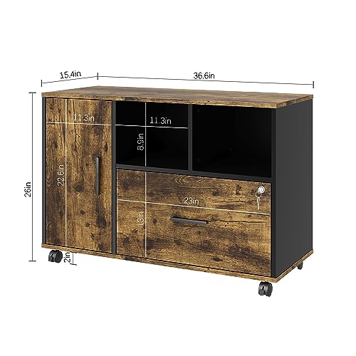 Wood File Cabinet with Lock, 1-Drawer Wooden Office Lateral Filing Cabinet on Wheels Mobile Printer Stand with Open Storage Shelf for Letter/Legal/A4 Size Files (Wood)